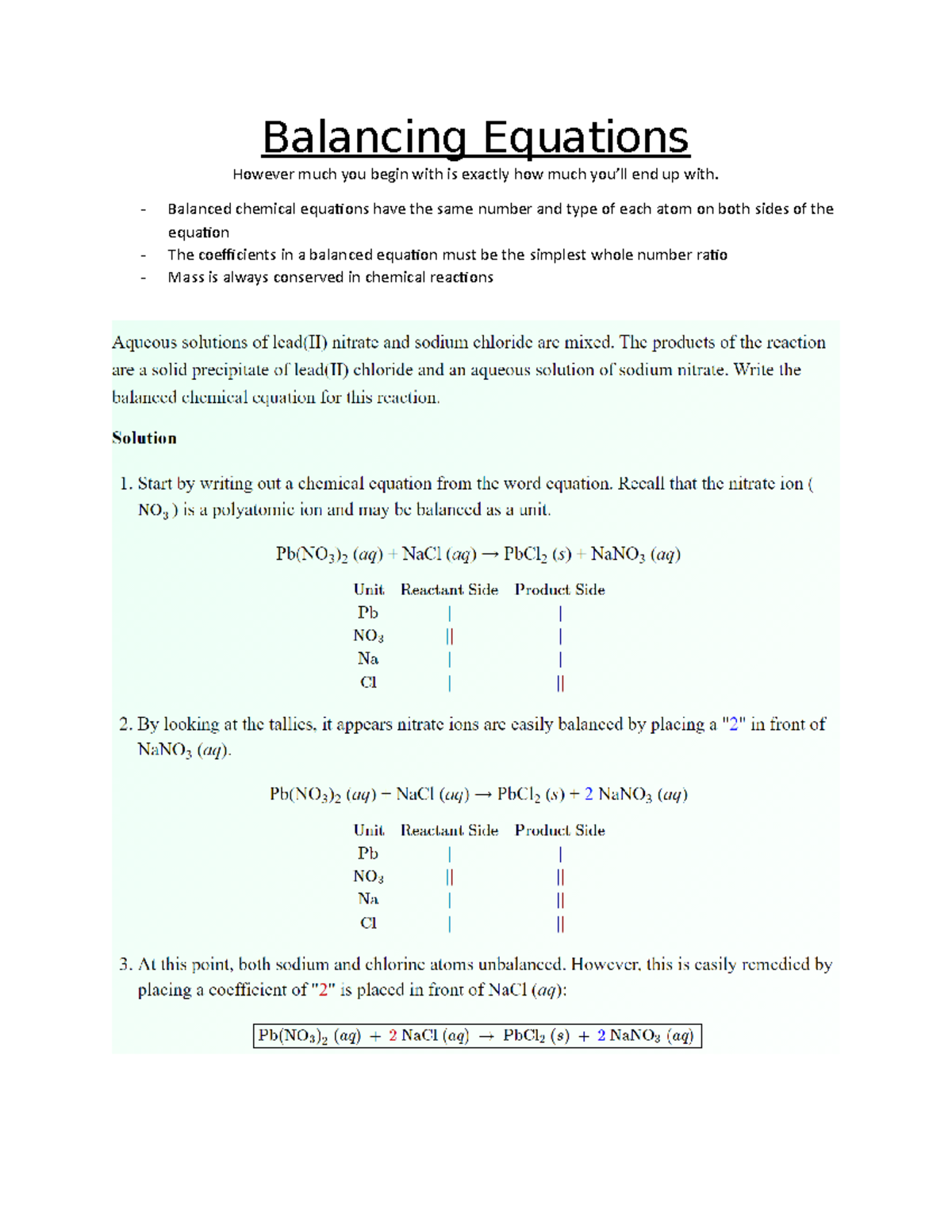 Chemistry Notes Chapter 2 Balancing Equations - Balancing Equations ...