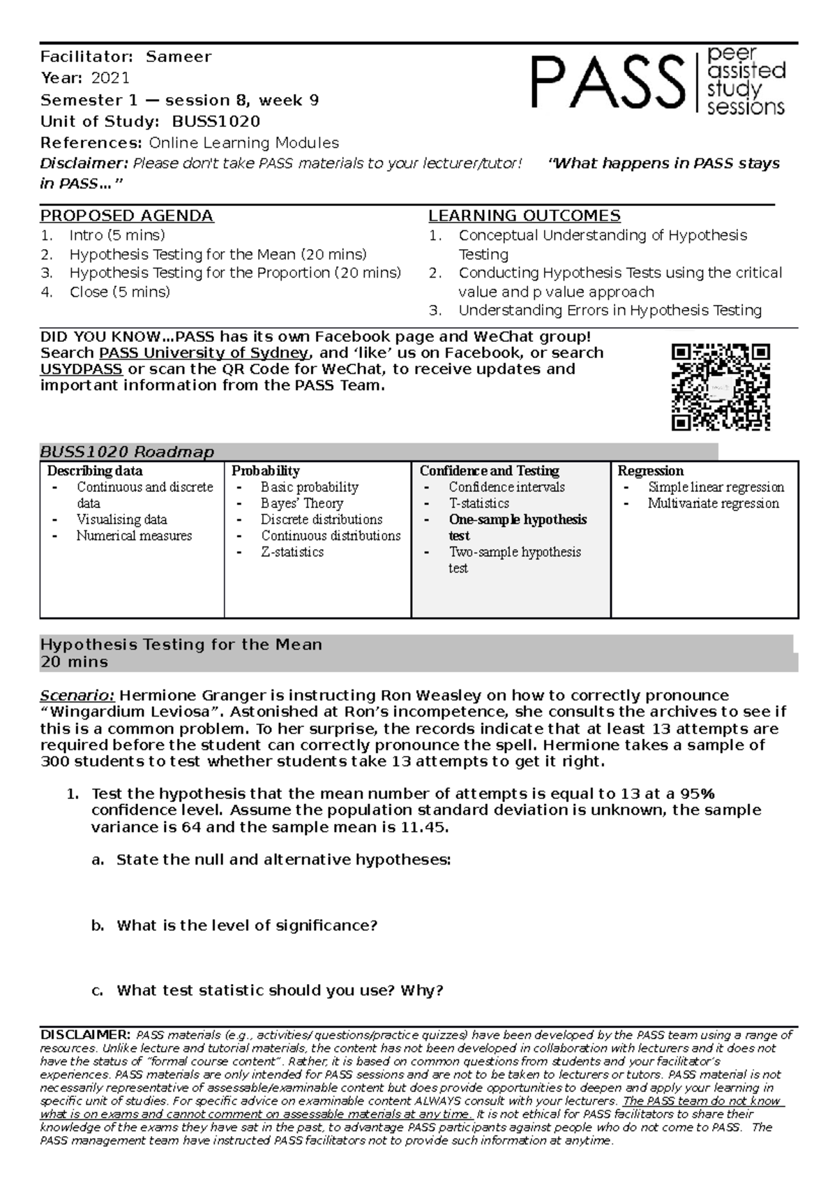 Session 8, Week 9, Hypothesis Testing - Facilitator: Sameer Year: 2021 ...