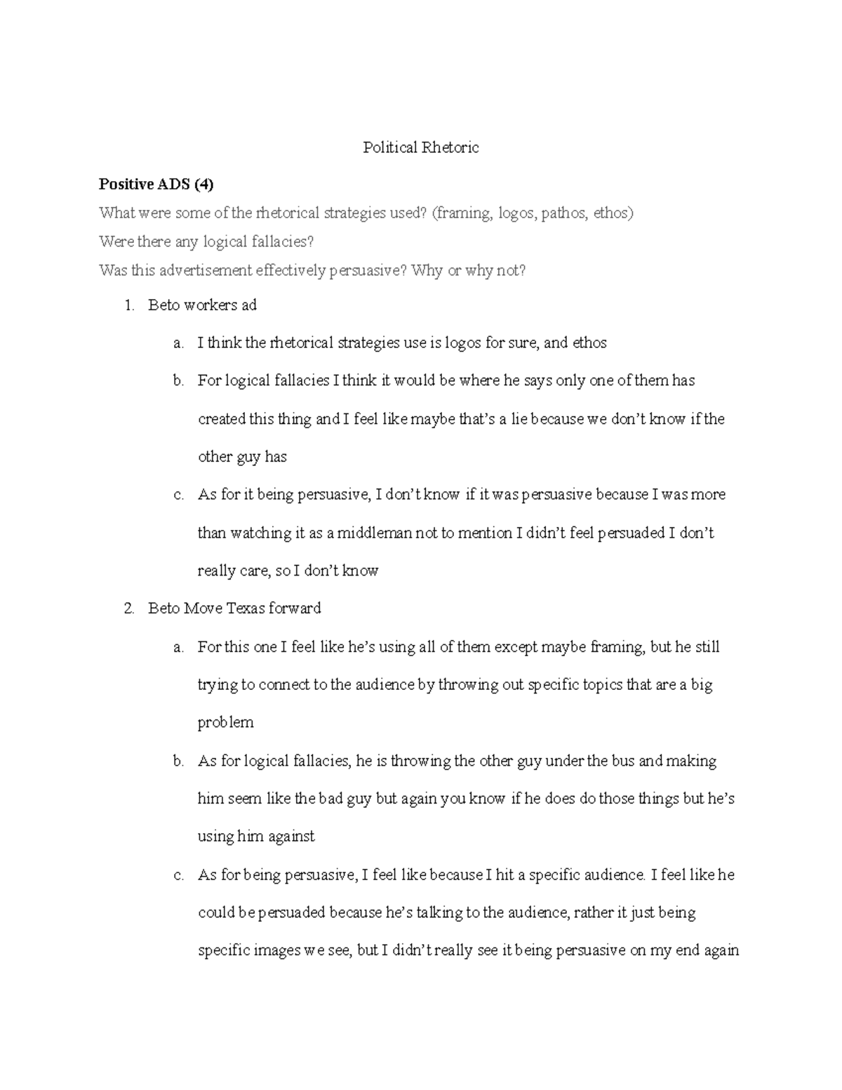 Political Rhetoric - Political Rhetoric Positive ADS (4) What were some ...