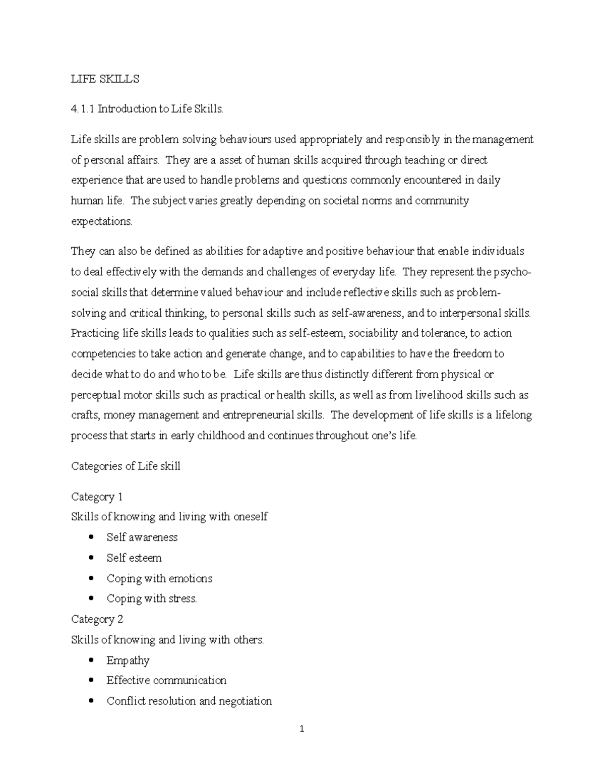 LIFE Skills 2 - LIFE SKILLS 4.1 Introduction to Life Skills. Life ...