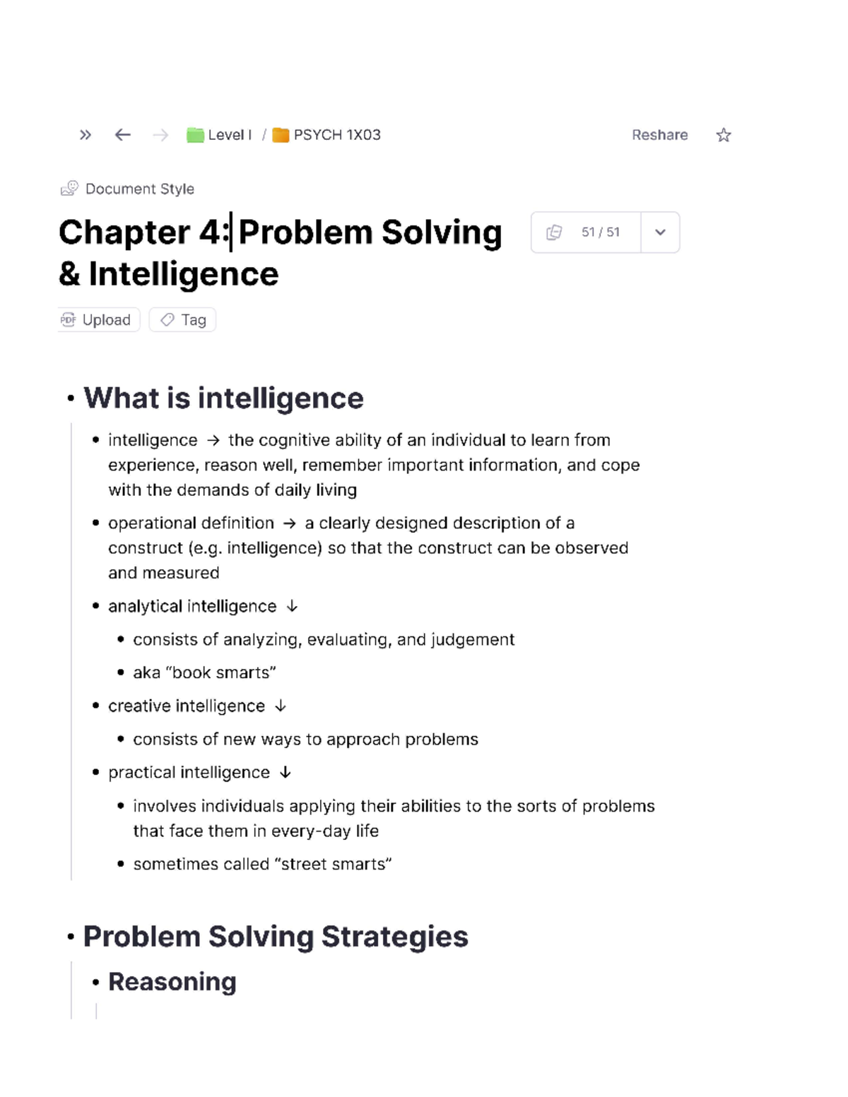Problem Solving and Intelligence - Level I PSYCH 1X03 Reshare Document ...