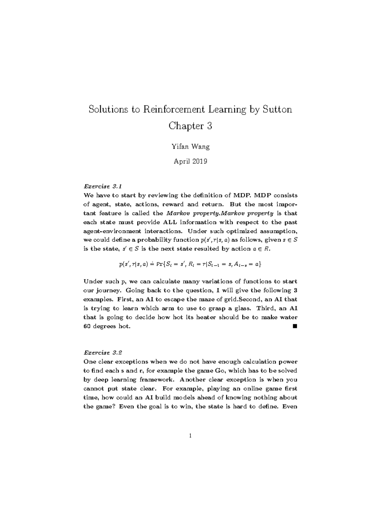 Solutions to Reinforcement Learning by Sutton Chapter 3 rx1 - Solutions ...