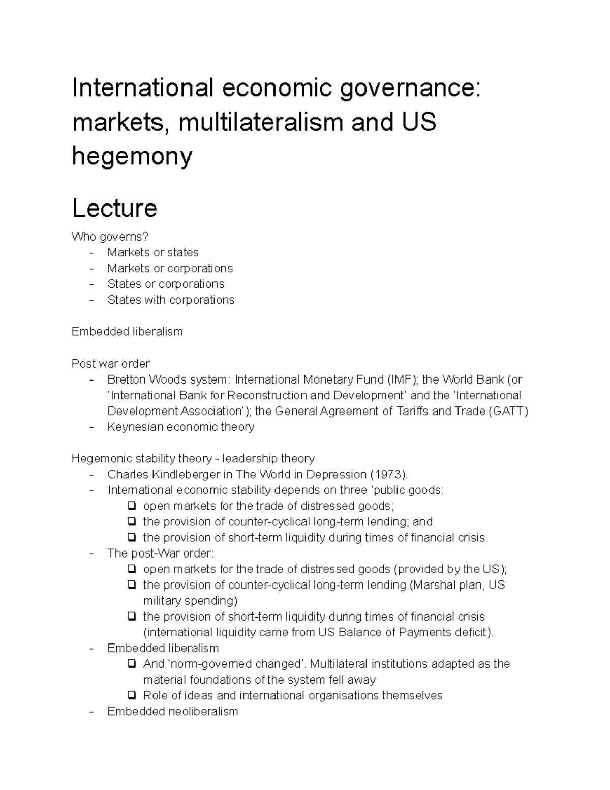GOVT2921 Week 10 - Lecture notes 10 - International economic governance ...