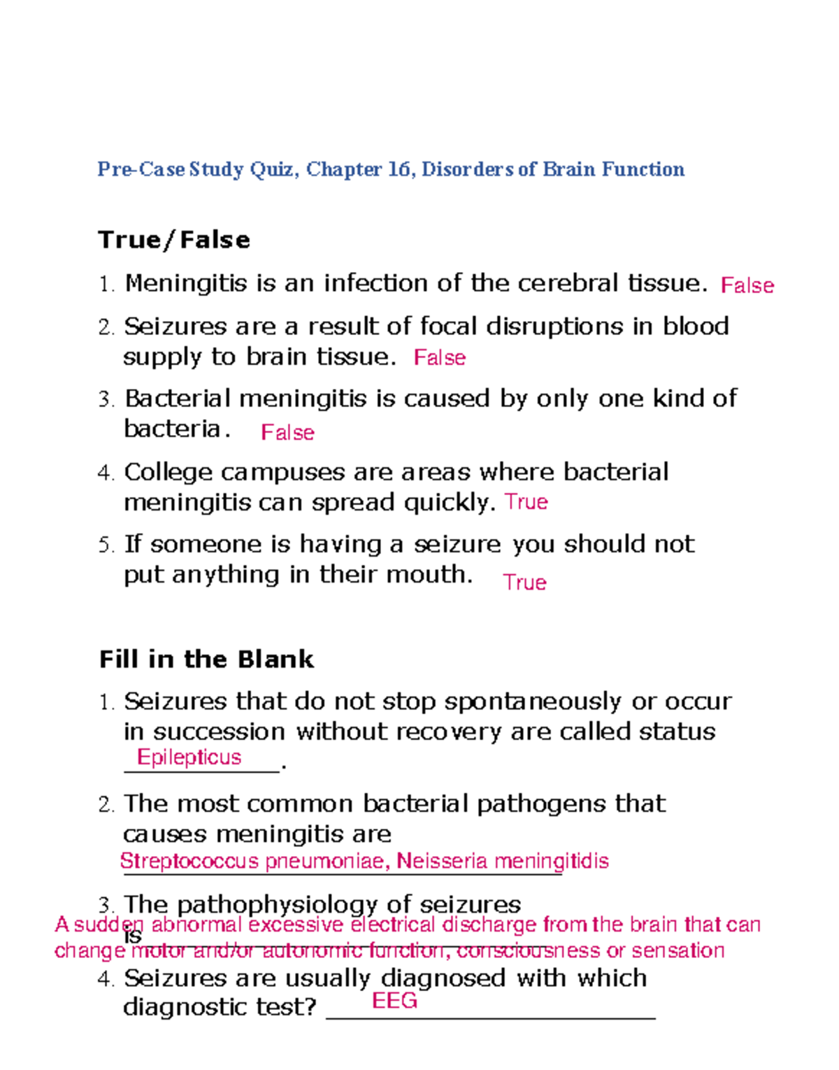 Disorders of Brain Function Case Study Seizure - Pre-Case Study Quiz ...