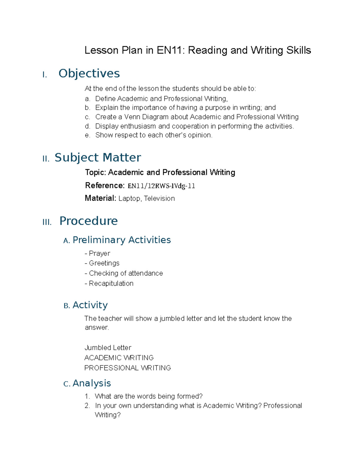 Academic Lesson Plan - Lesson Plan in EN11: Reading and Writing Skills ...