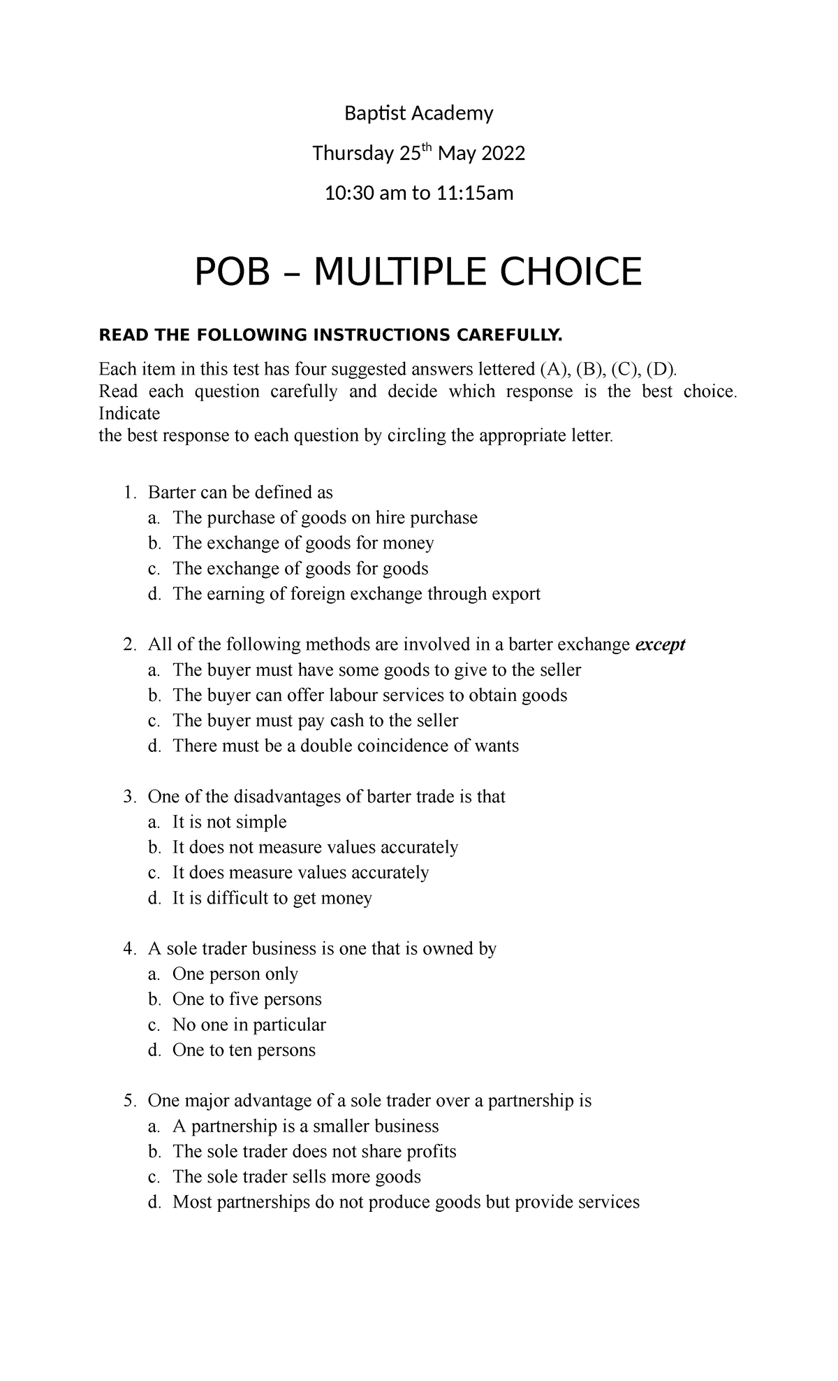 Pob 4th Mc 2023 - multiple choice - Baptist Academy Thursday 25 th May ...