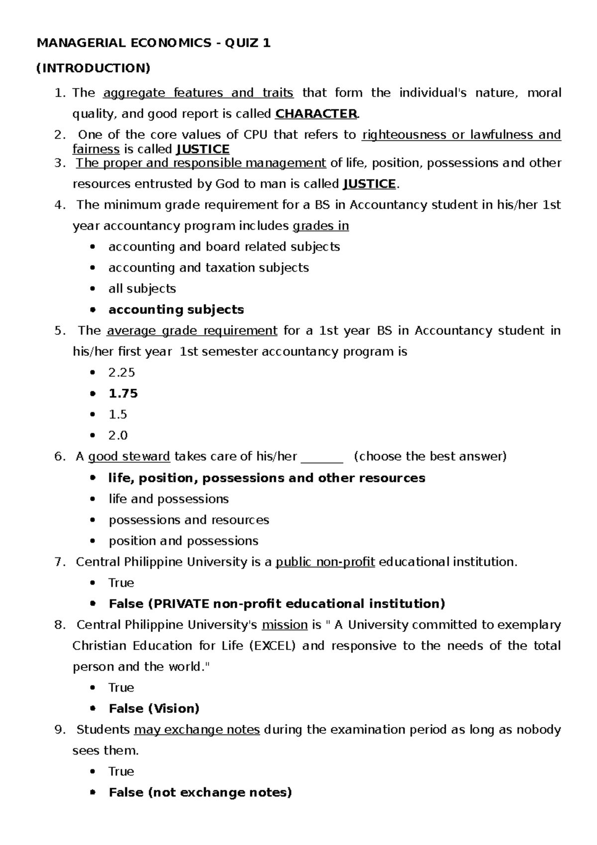 Managerial Economics - Prelims - MANAGERIAL ECONOMICS - QUIZ 1 ...