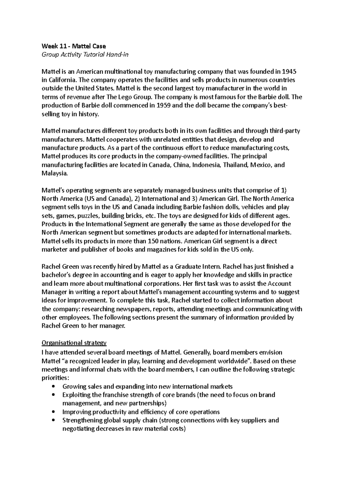 Week 11 - Group Activity Tutorial Hand-in - Week 11 - Mattel Case Group ...