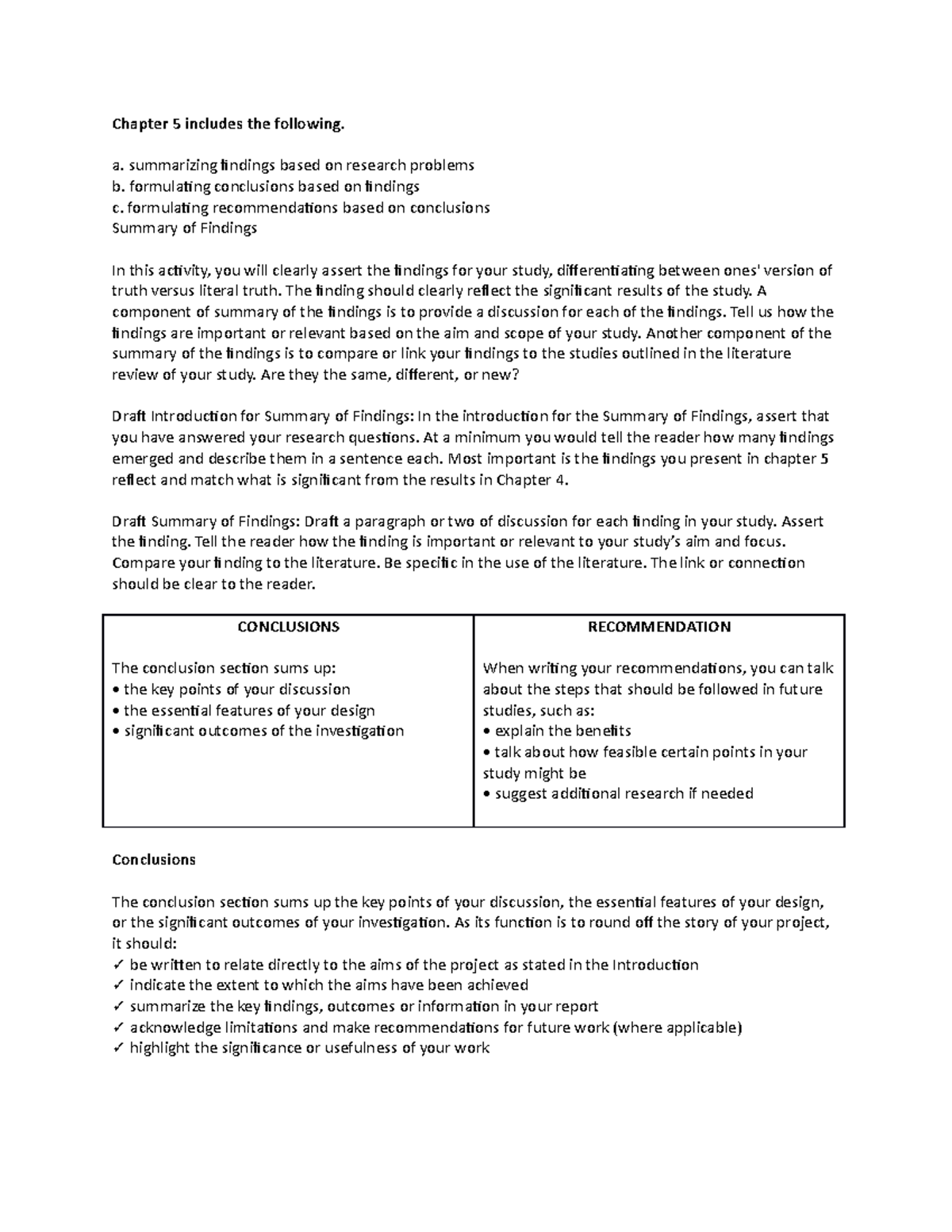 Chapter 5 Formulate Recommendations Based On Conclusions Chapter 5