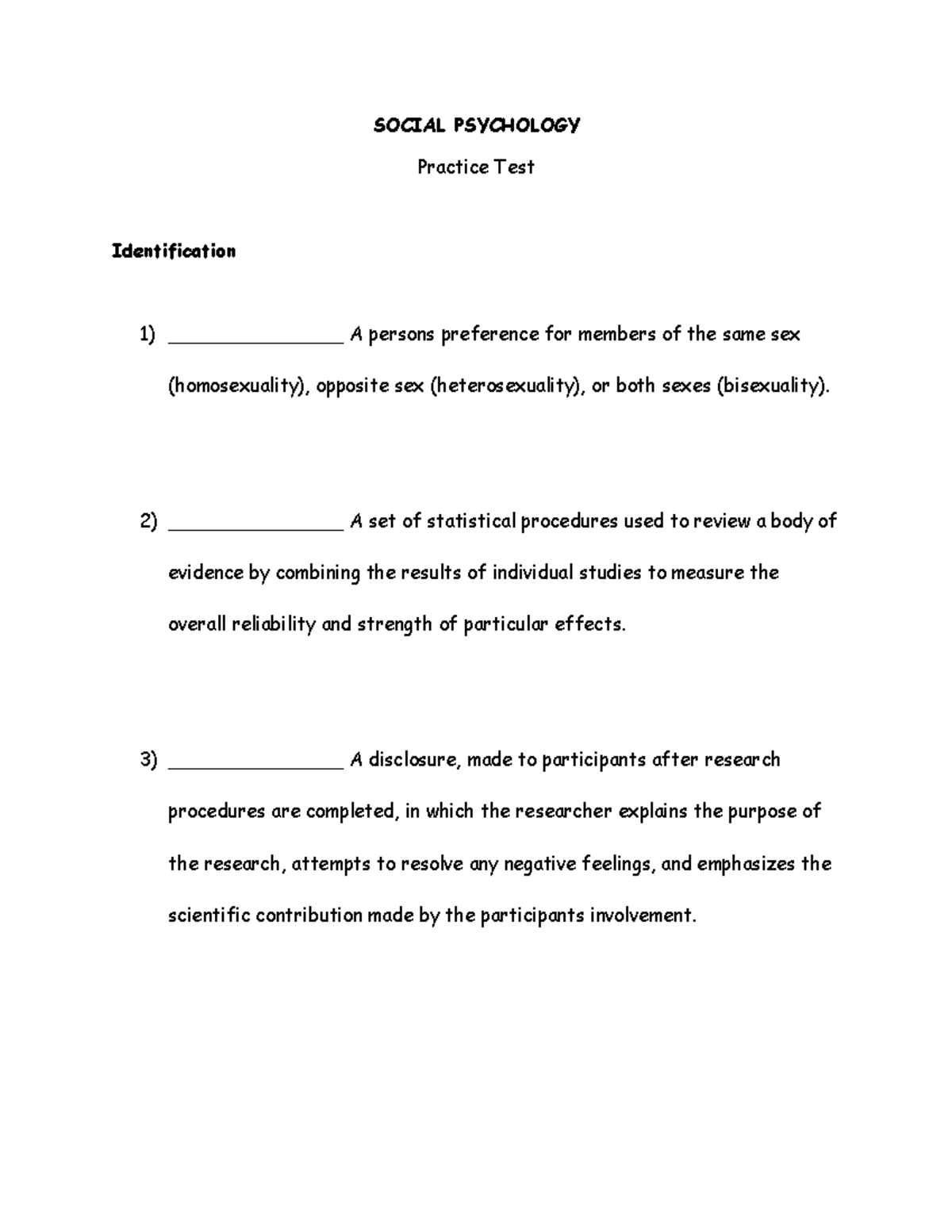 Social Psychology - SOCIAL PSYCHOLOGY Practice Test Identification ...