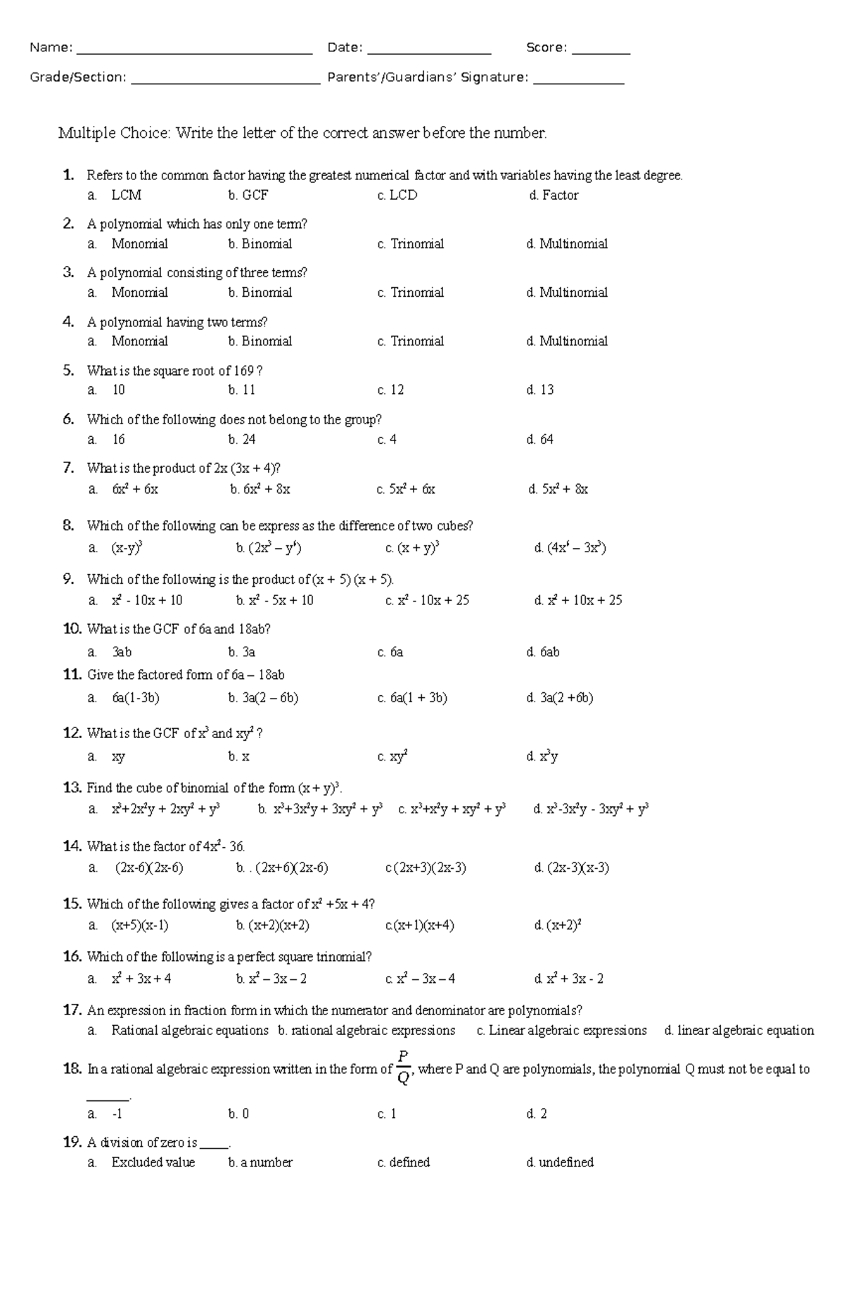 Q1 math 8 - Name: ____________________________________ Date: ___________________ Score ...