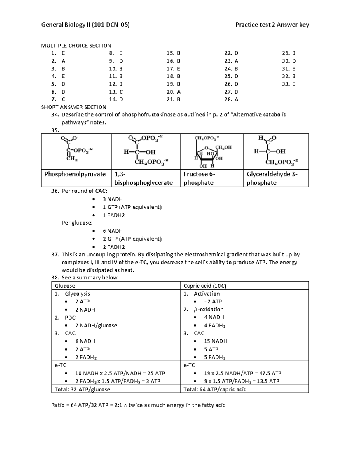 Practice taest 2 - Answer key - General Biology II (101-DCN-05 ...