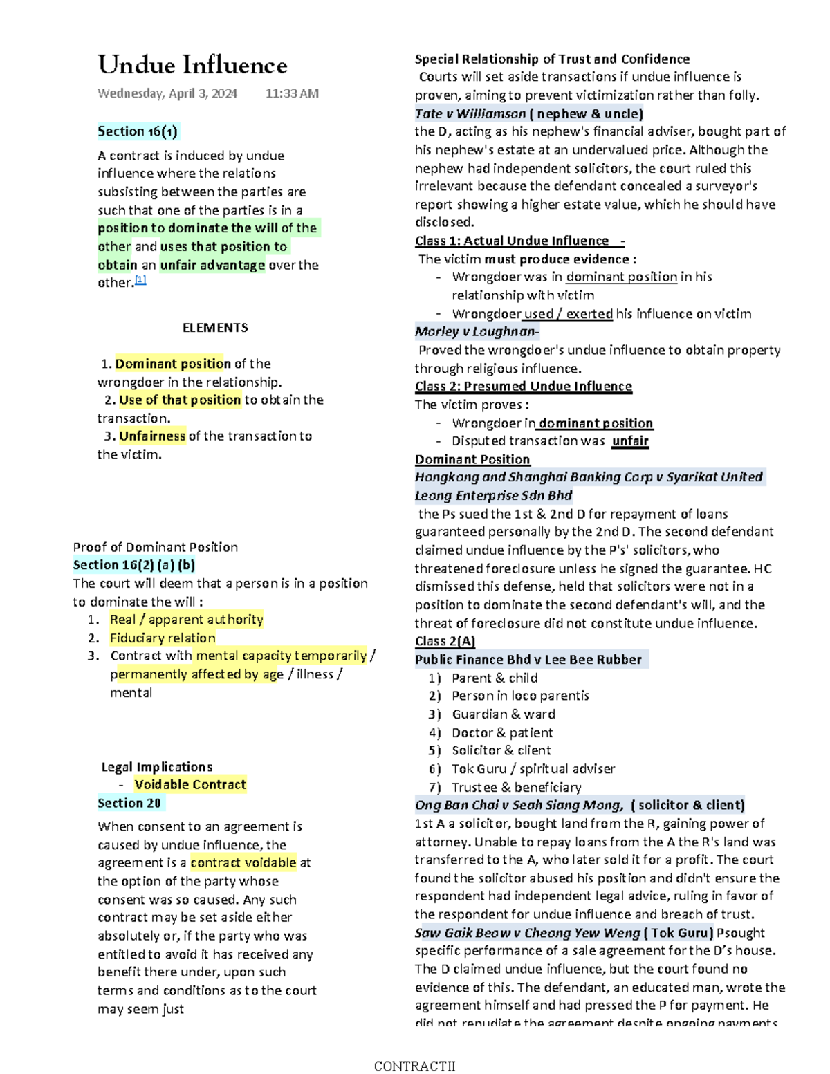 Undue Influence. Notes - ELEMENTS Dominant position of the wrongdoer in ...