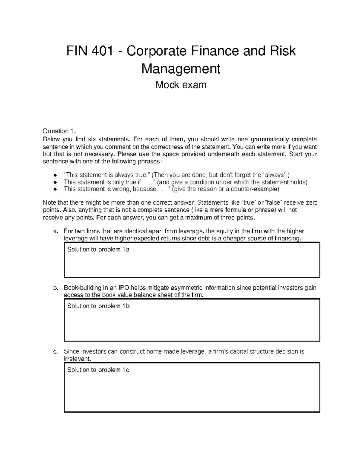 FIN401-Mock Exam - MOCK exam 2023 aut - FIN 401 - Corporate Finance and Risk Management Mock ...