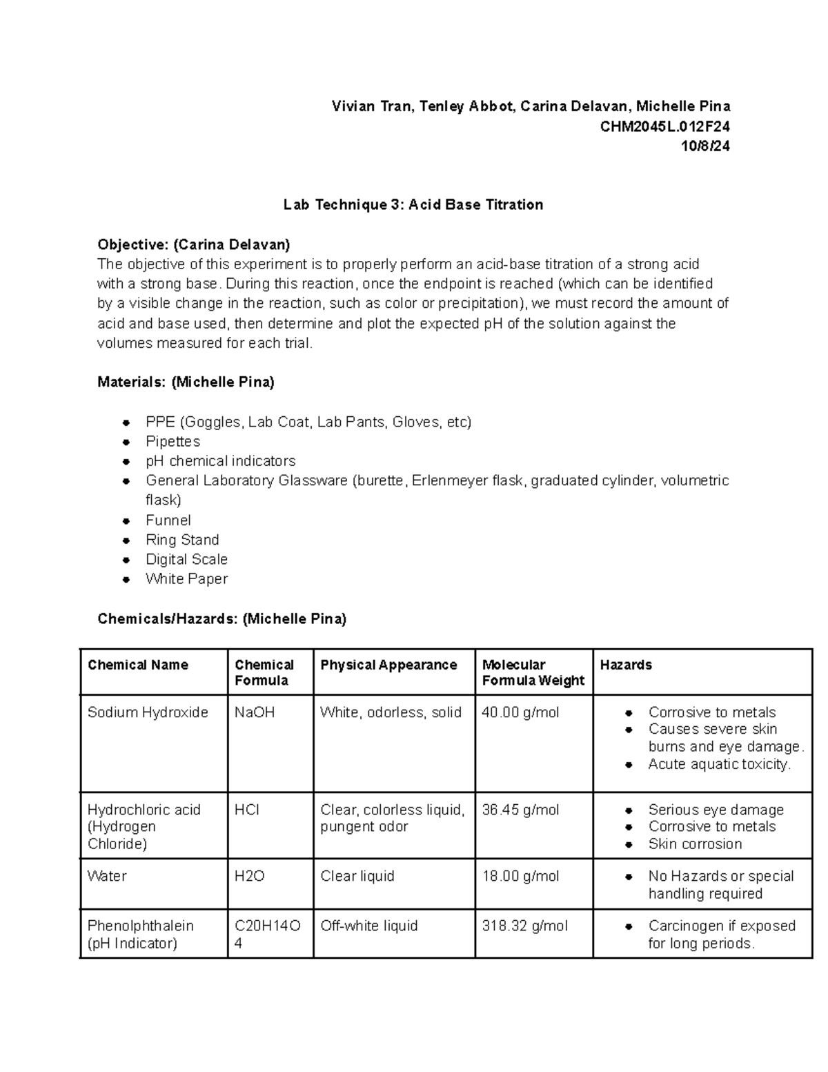 Pre-lab Plan 3: Acids and Bases - Vivian Tran, Tenley Abbot, Carina ...