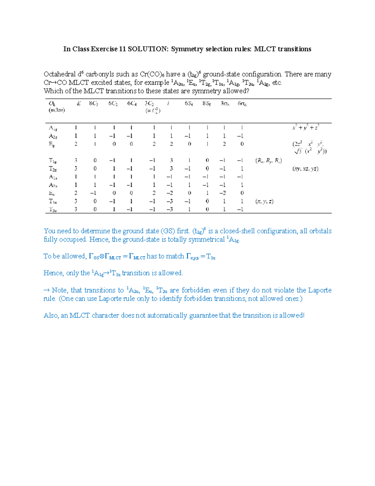 W5 Exercise 11 ANSW MLCT transition in Cr(CO)6 - In Class Exercise 11 ...