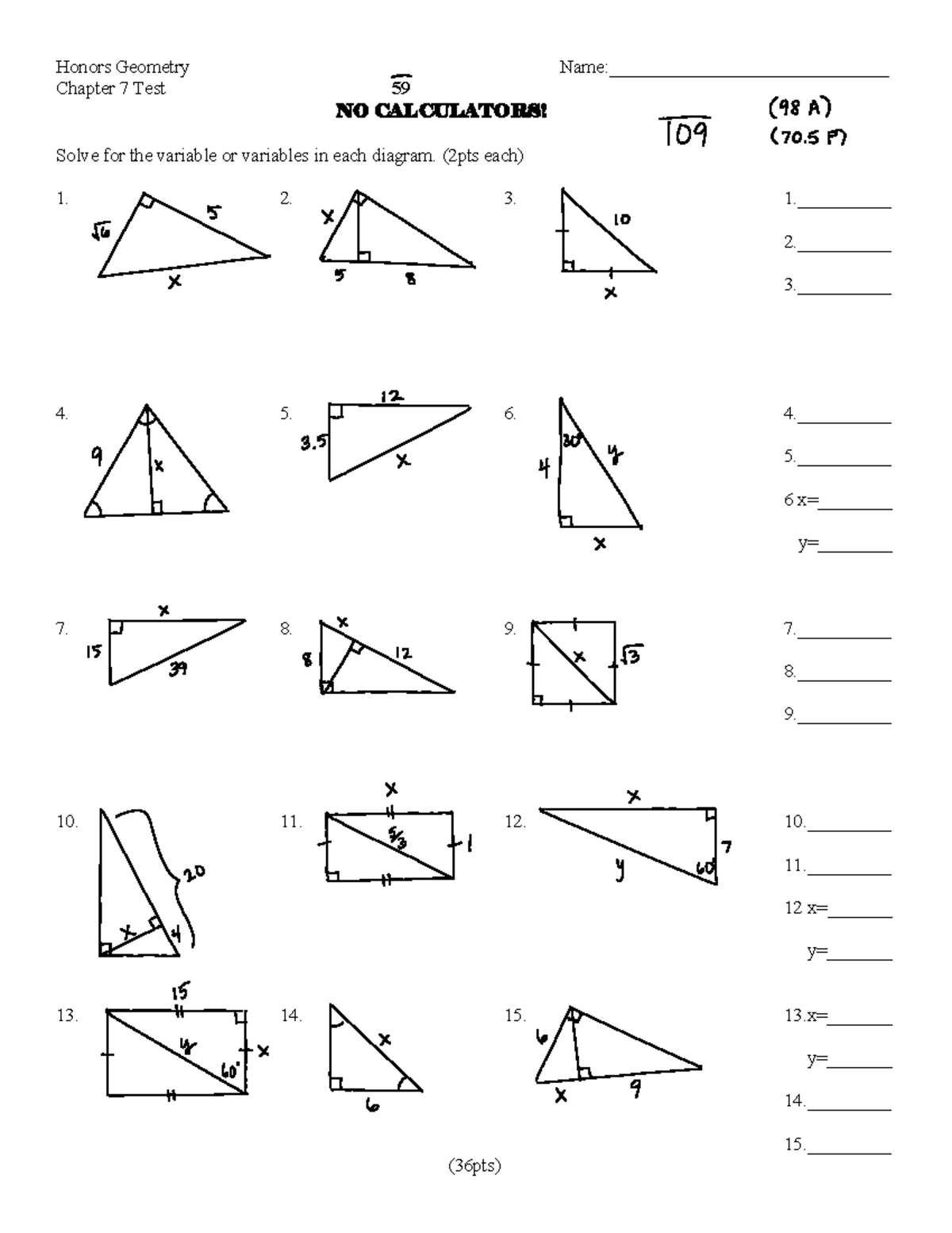 Chapter 7practice test H Honors Geometry Name
