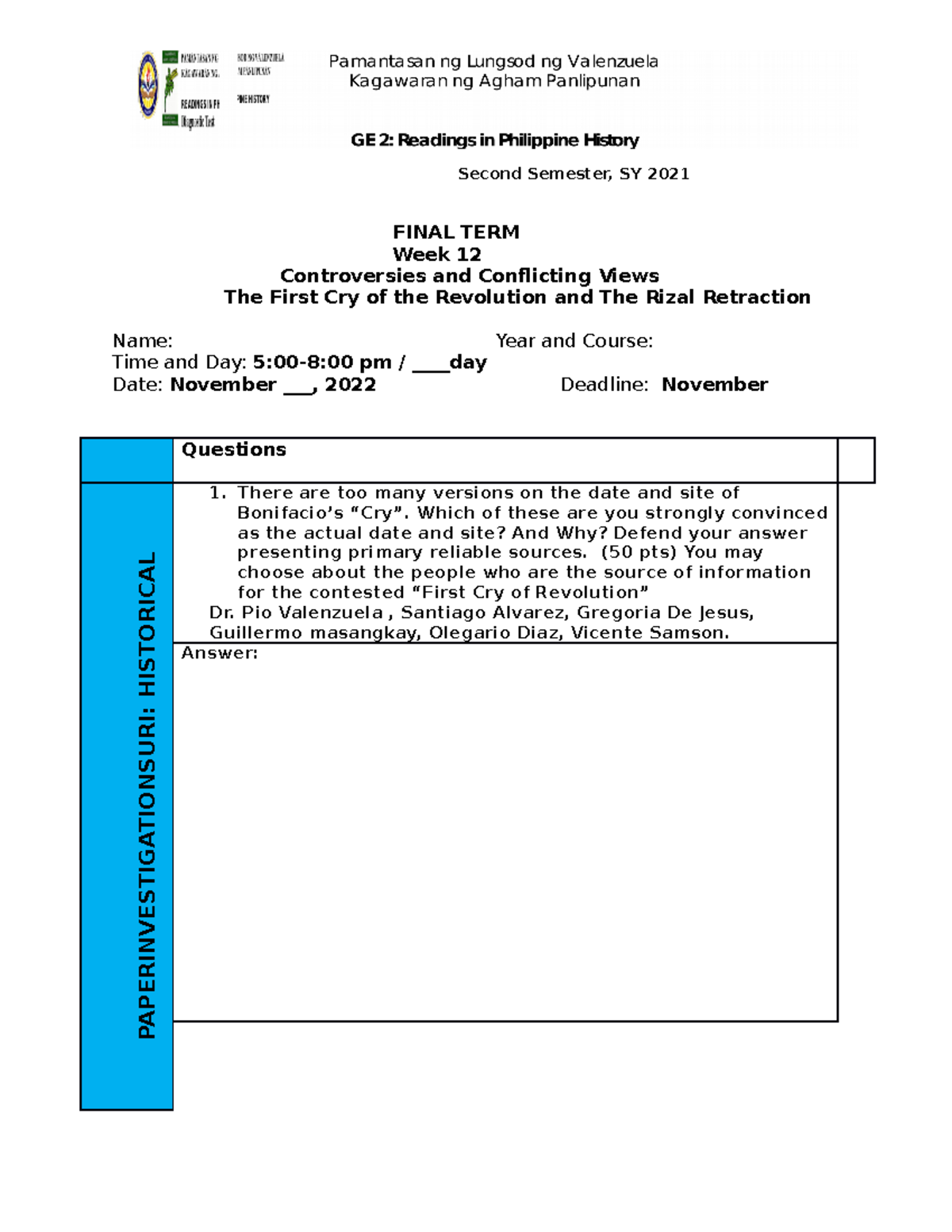 FT WEEK 12 First CRY - Second Semester, SY 2021 FINAL TERM Week 12 ...