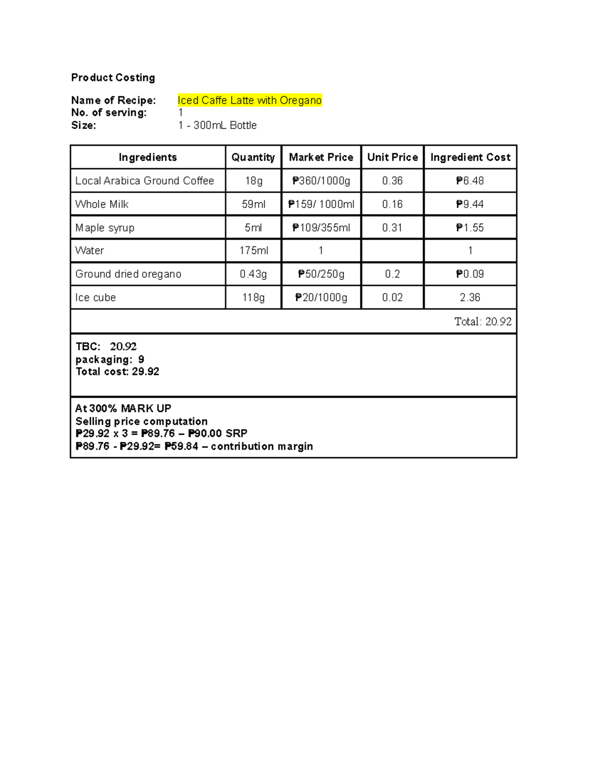 Final Product Costing - Product Costing Name of Recipe: Iced Caffe ...