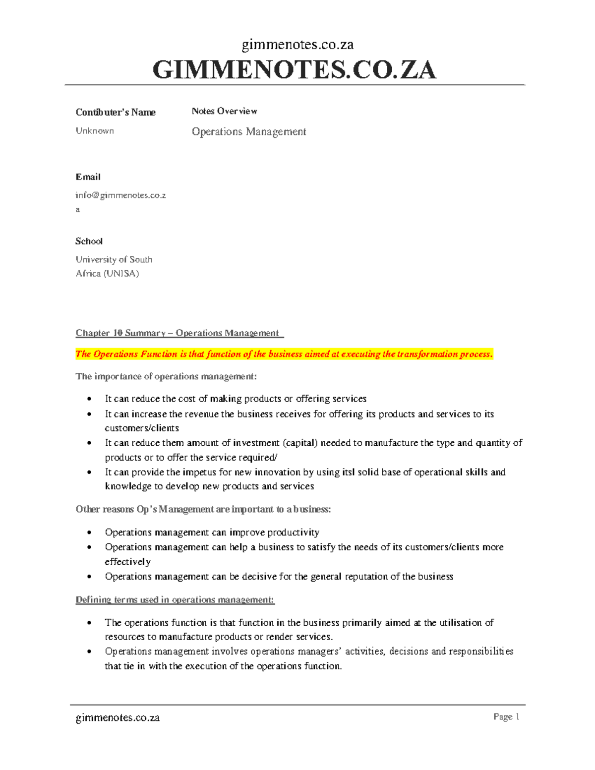Chapter 10 Operations Management 1 - GIMMENOTES.CO Notes Overview ...