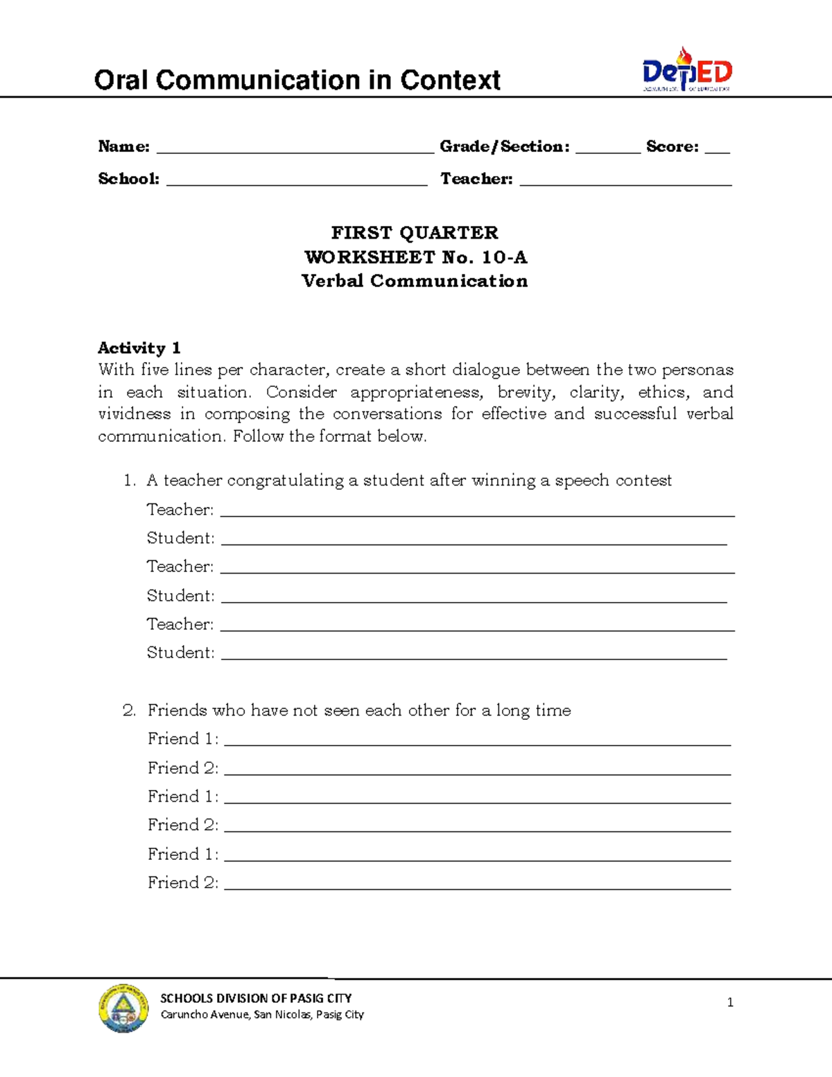 Oral Communication Q1 - DW10-A - 1 Oral Communication in Context ...