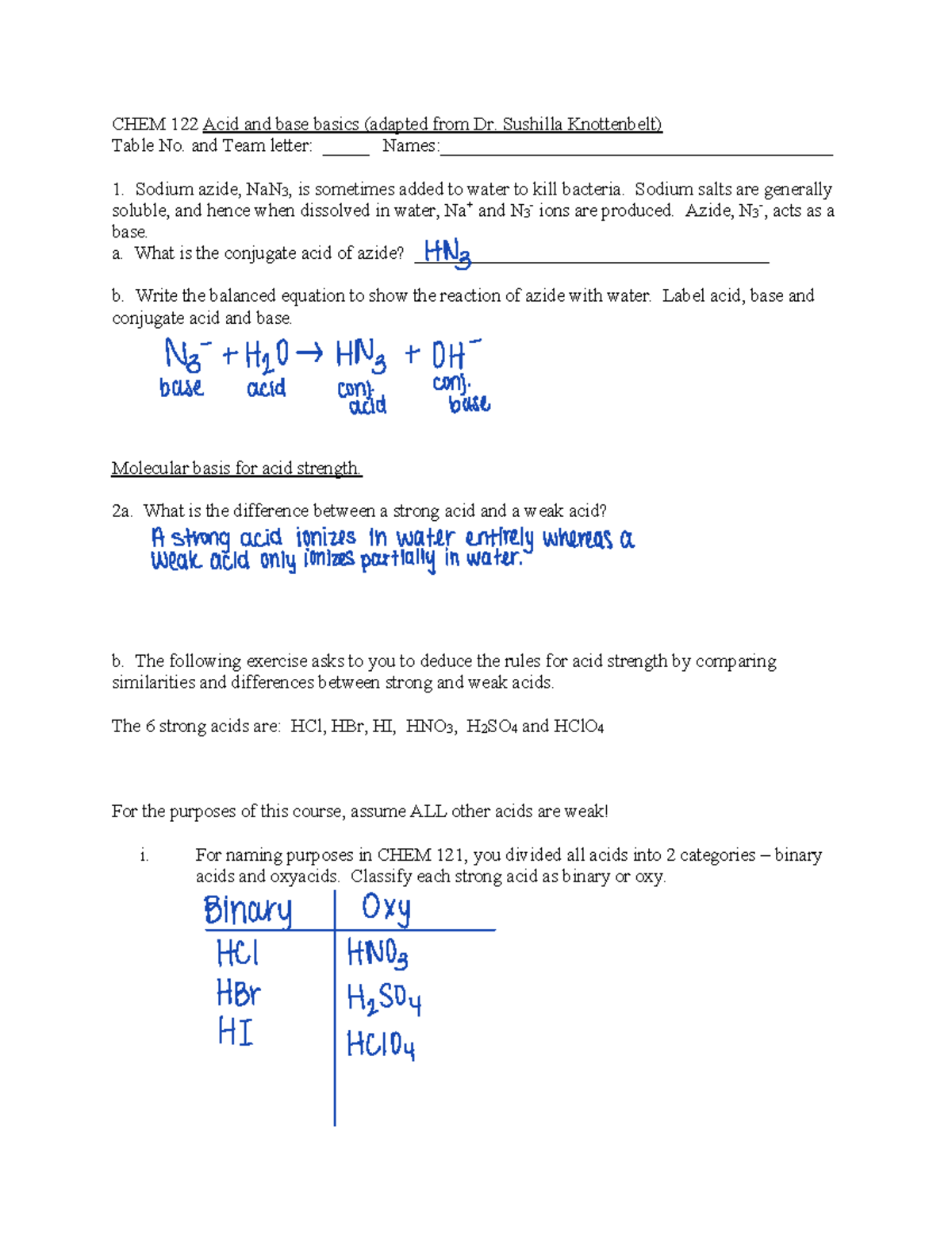 Worksheet 9 - CHEM 122 Acid and base basics (adapted from Dr. Sushilla ...