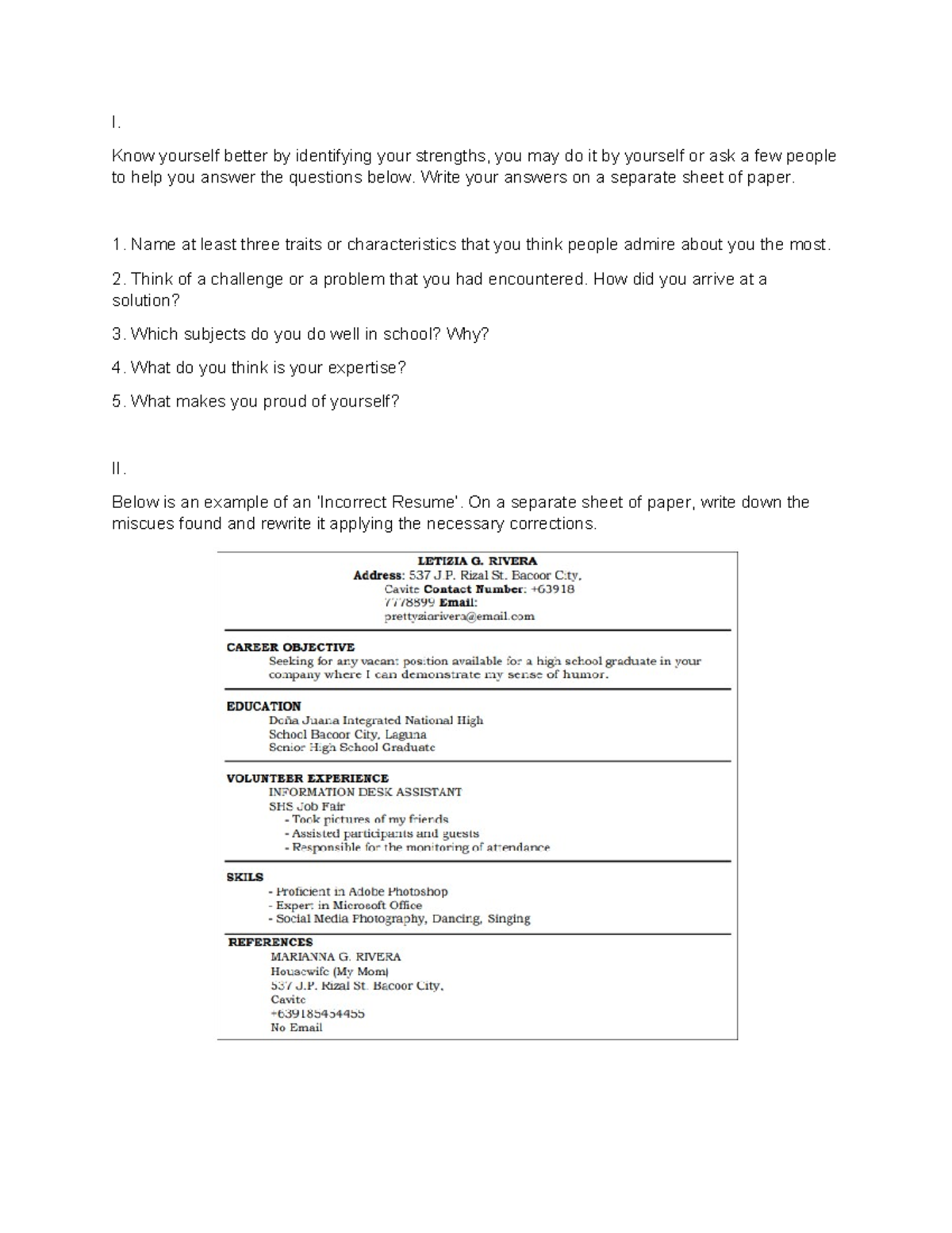 Reading and Writing skills Resume Activity - I. Know yourself better by ...