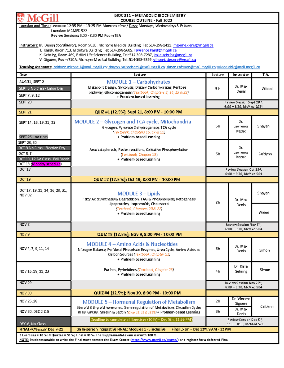 Bioc 311 Course Outline F2022 Bioc 311 Metabolic Biochemistry Course Outline Fall 2022