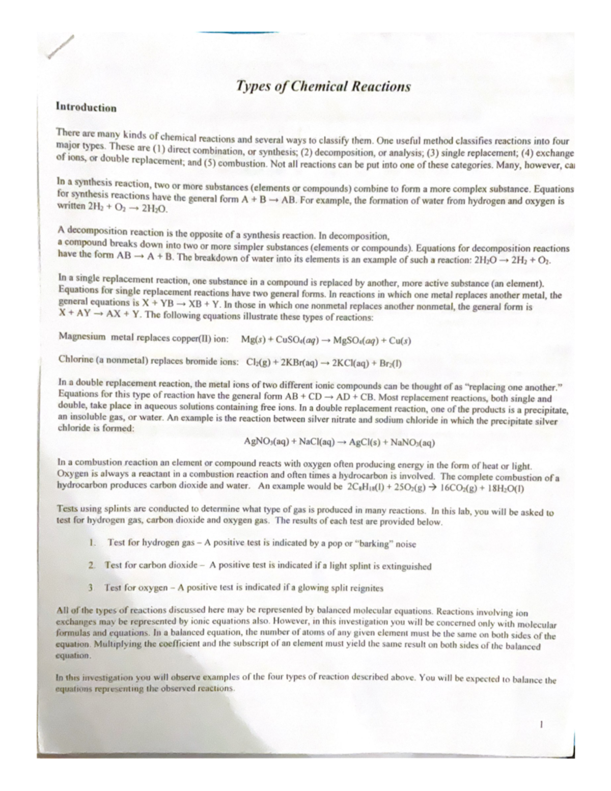 Types of Chemical Reactions - Studocu