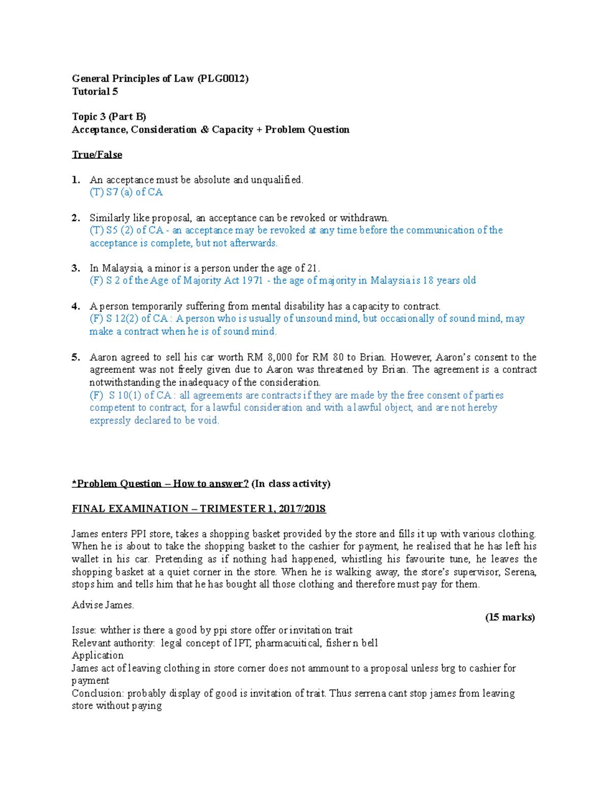 TUT 5 - Topic 3 (PART B) - Tutorial - General Principles of Law (PLG0012) Tutorial 5 Topic 3 ...