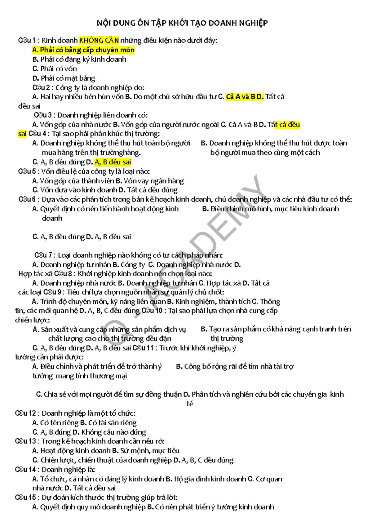 KNKD Noidungontap - sdfergrg - NỘI DUNG ‘N TẬP KHỞI TẠO DOANH NGHIỆP C©u 1 : Kinh doanh KH‘NG ...