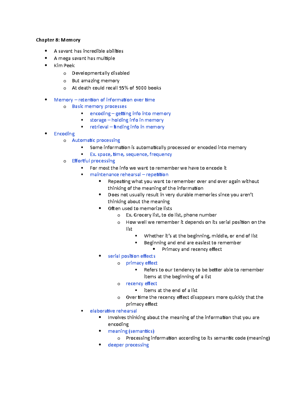 Chapter 8: Memory notes - Chapter 8: Memory A savant has incredible ...