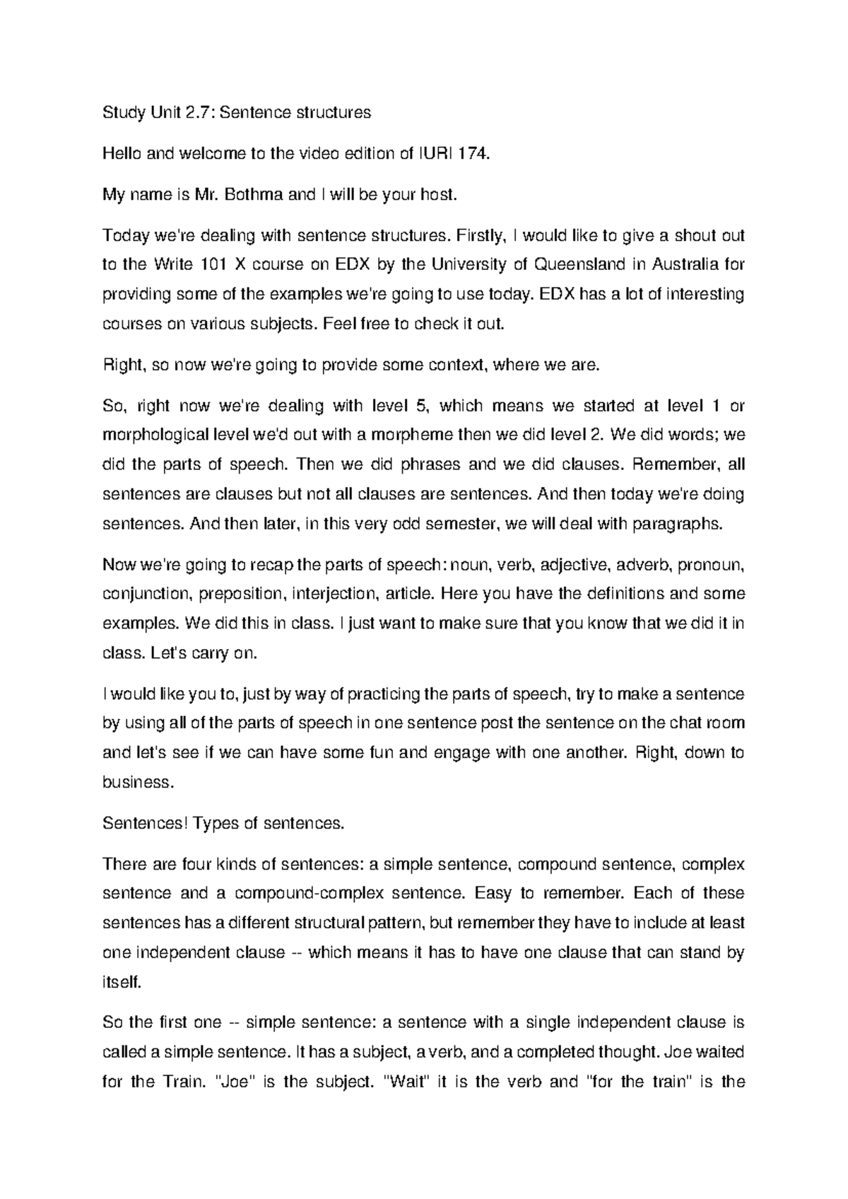 SU+2 7 Sentence+structures+PDF+Transcript - Study Unit 2: Sentence ...