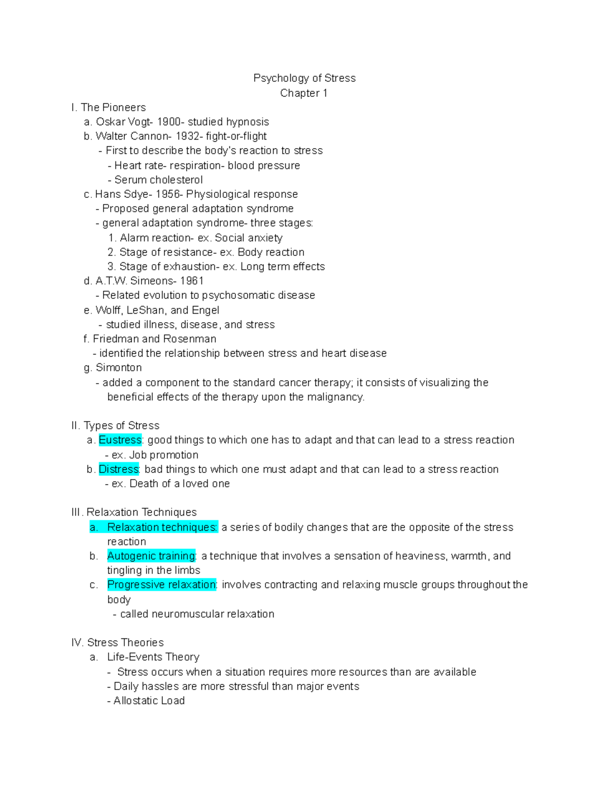Stress Notes - Psychology of Stress Chapter 1 I. The Pioneers a. Oskar ...