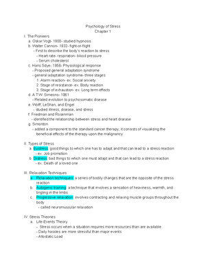 Stress Notes Lectures - Psychology of Stress Chapter 1 I. The Pioneers ...