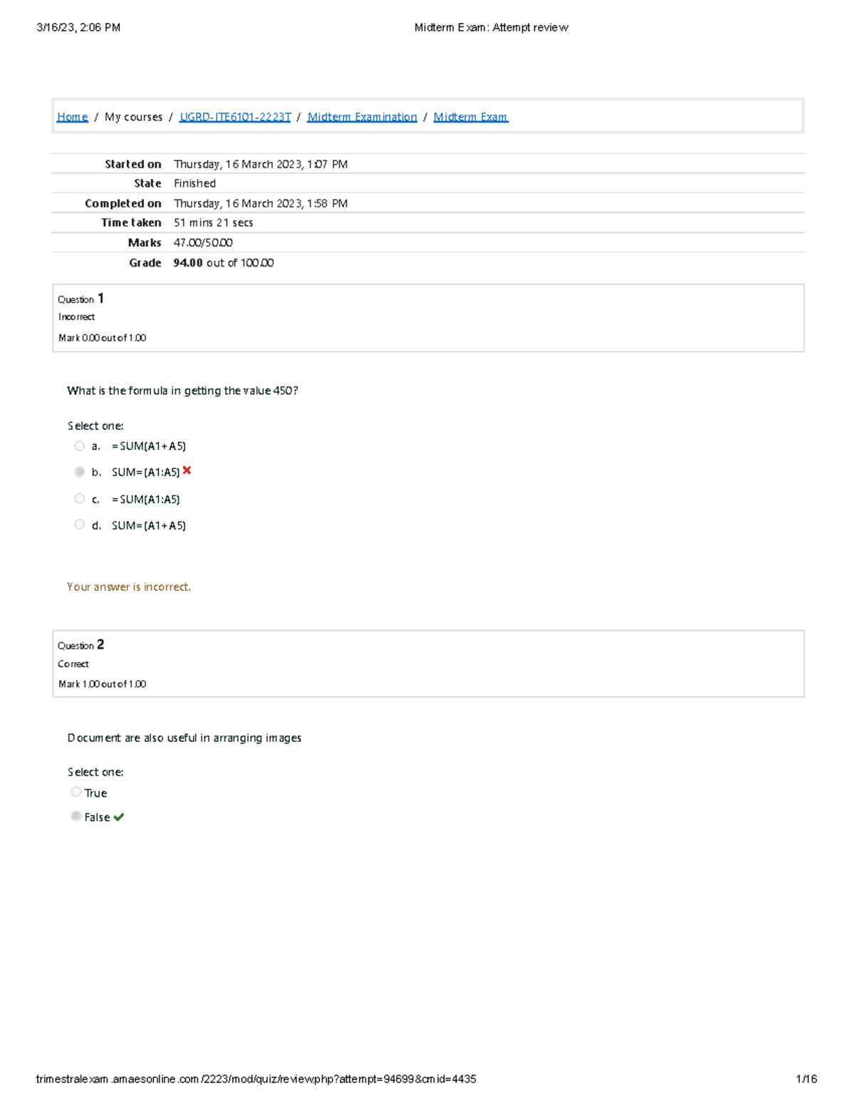 Midterm Exam Attempt Review Home My Courses Ugrd Ite6101 2223t Midterm Examination 