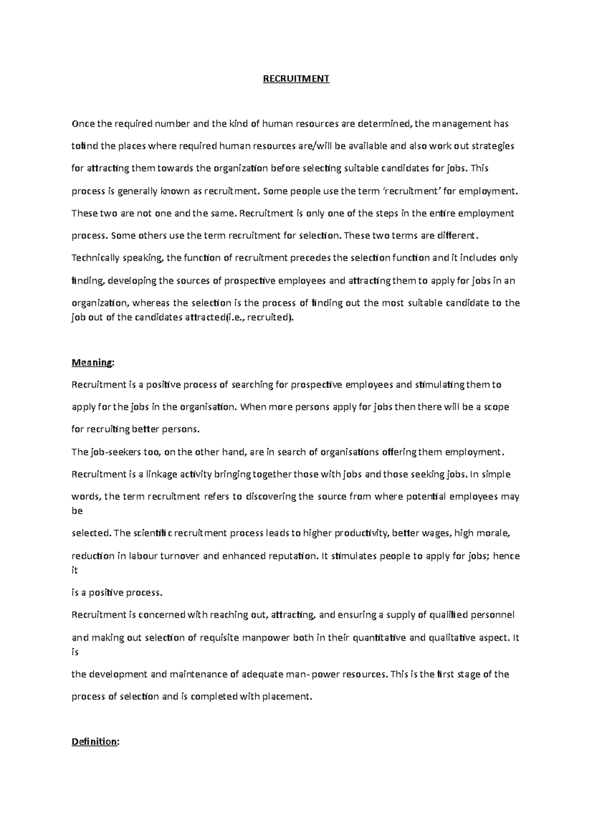 Hrm 3 - Guide notes - RECRUITMENT Once the required number and the kind ...