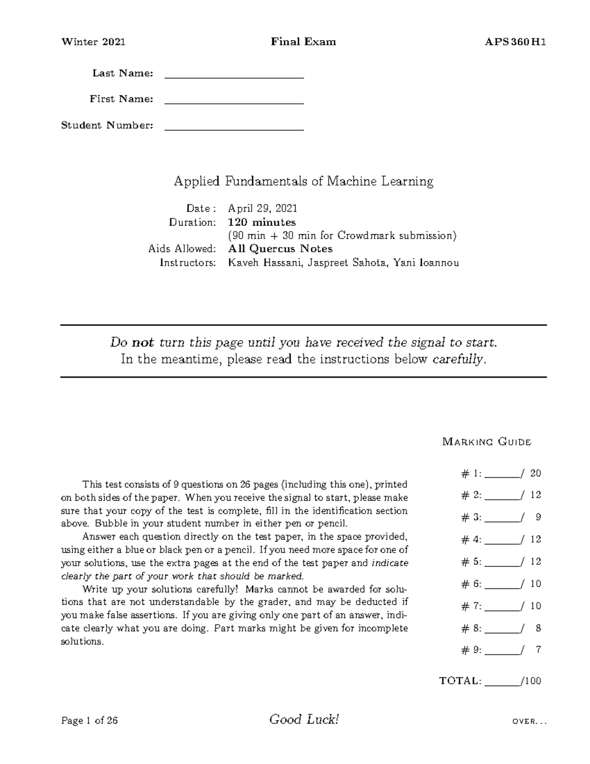 APS360 H1 20211 631646164337 APS360 Final Winter 2021 Solutions - Winter 2021 Final Exam APS 360 ...