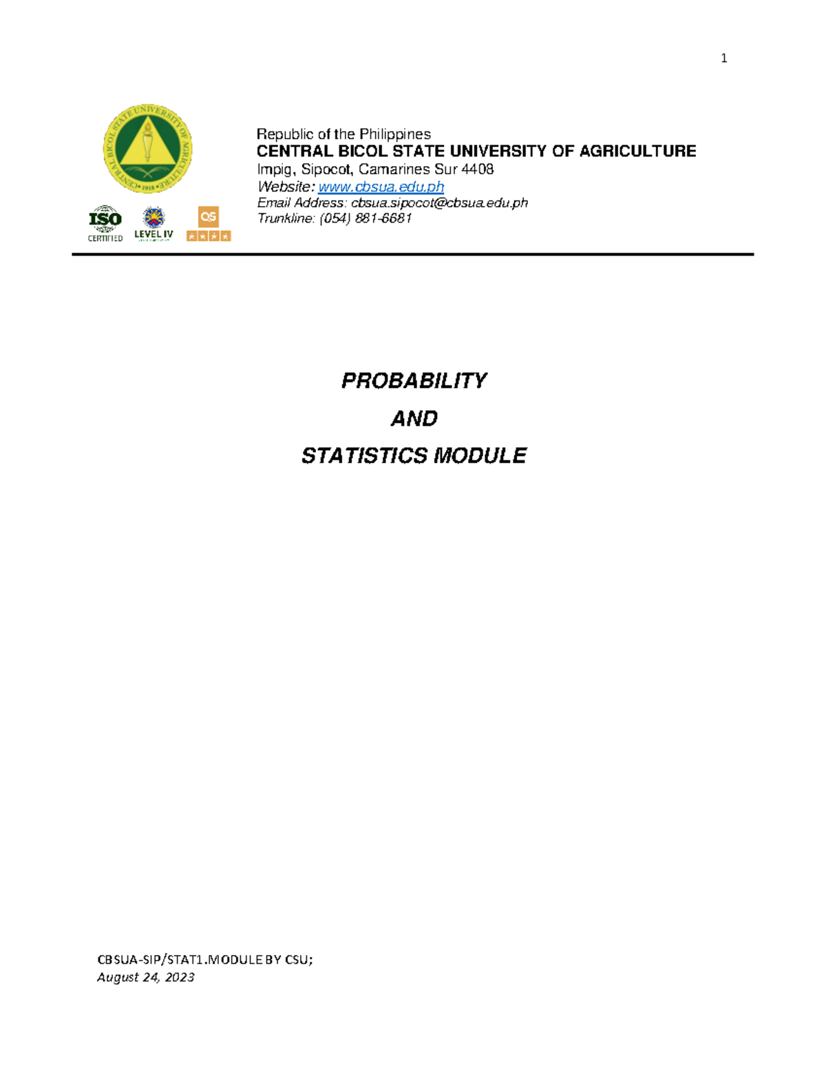 STAT1 Module-Probability and Statistics - CBSUA-SIP/STAT1 BY CSU; Republic of the Philippines ...