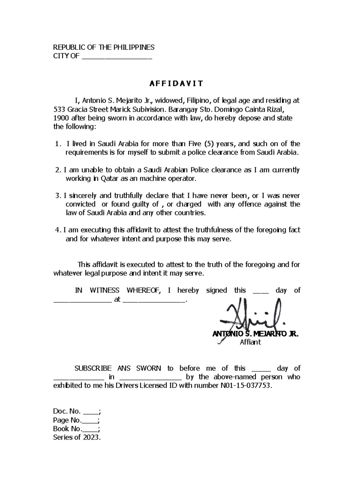 Sworn affidavit - mejarito for notary - REPUBLIC OF THE PHILIPPINES ...