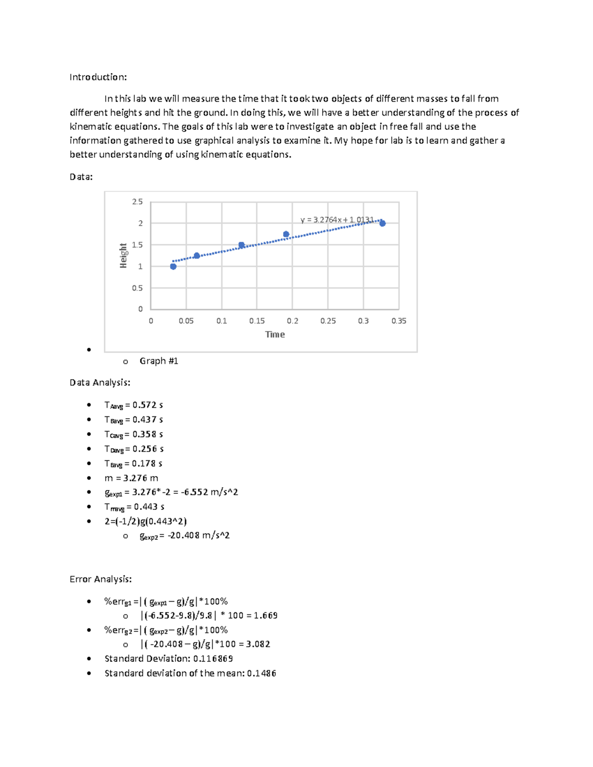 Free Fall Lab - Lab Report - Introduction: In this lab we will measure ...