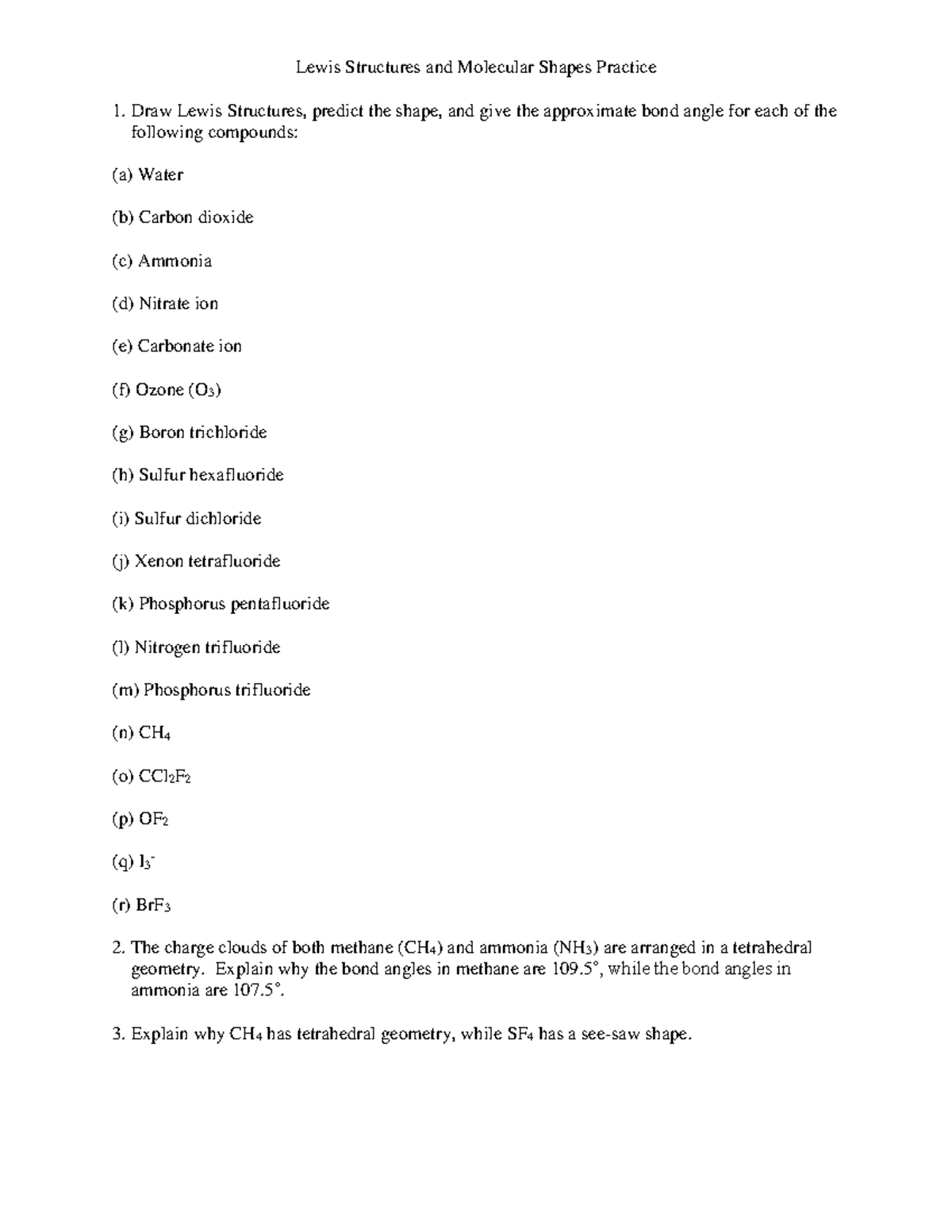 Lewis Structures and Molecular Shapes Practice - Explain why the bond ...