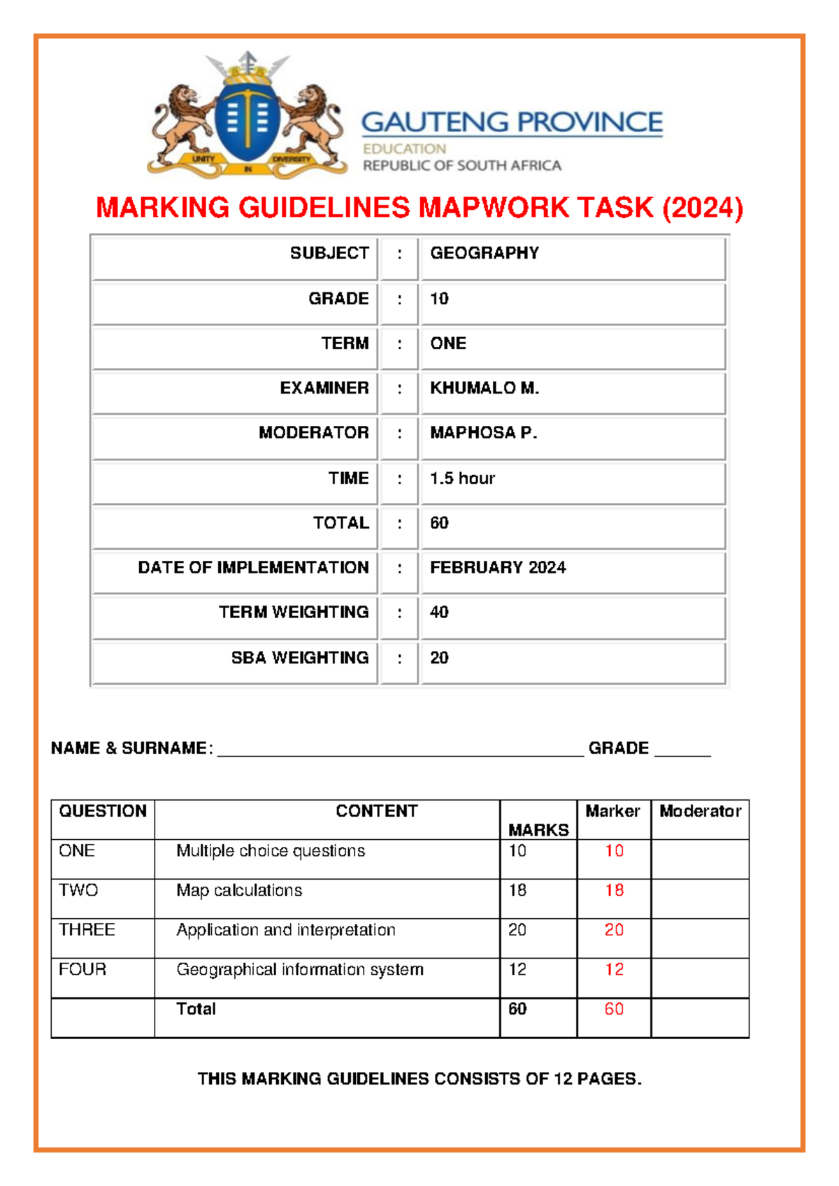MG Grade 10 Mapwork TASK 2024 - MARKING GUIDELINES MAPWORK TASK (2024 ...