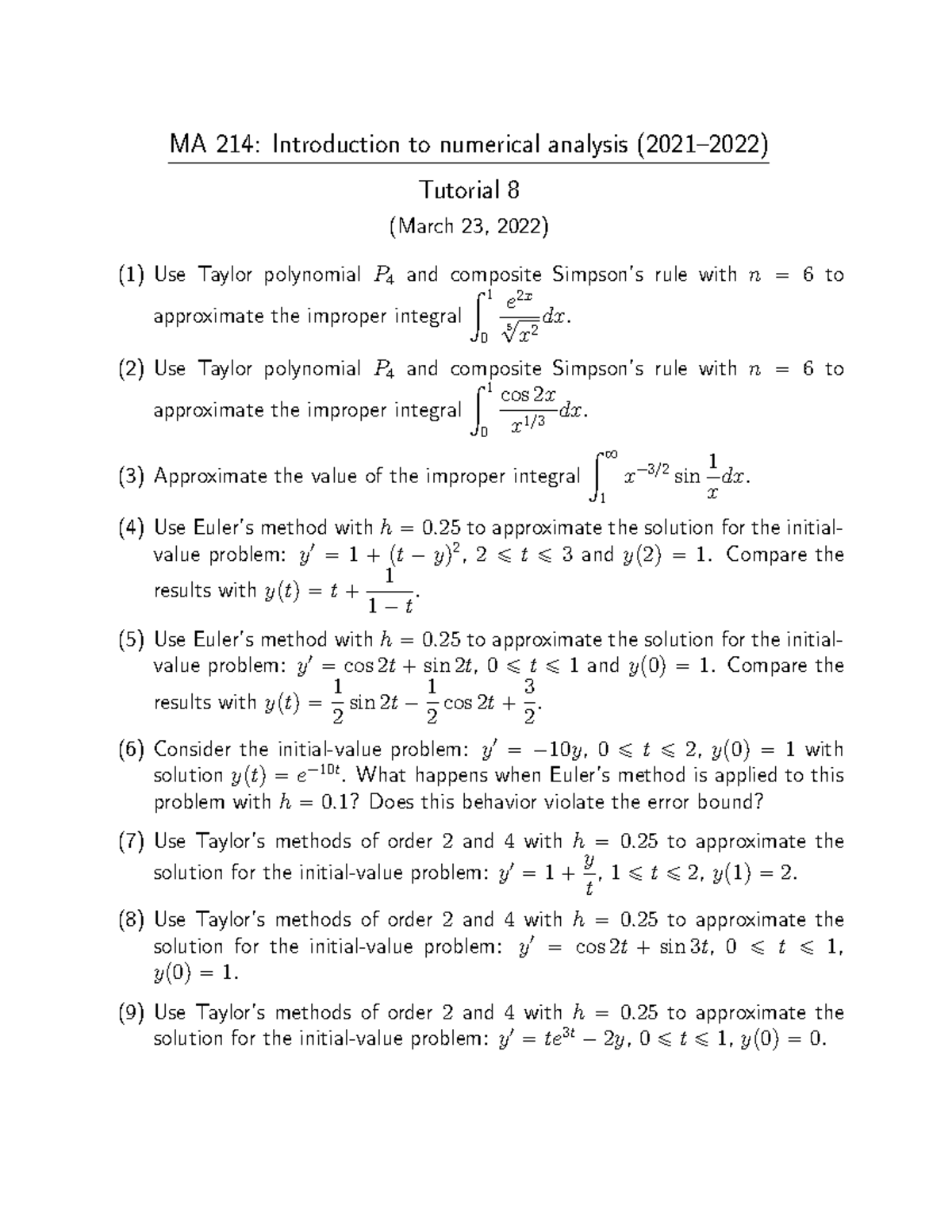 Tutorial 08 - TUT 8 - MA 214: Introduction to numerical analysis (2021–2022) Tutorial 8 (March ...
