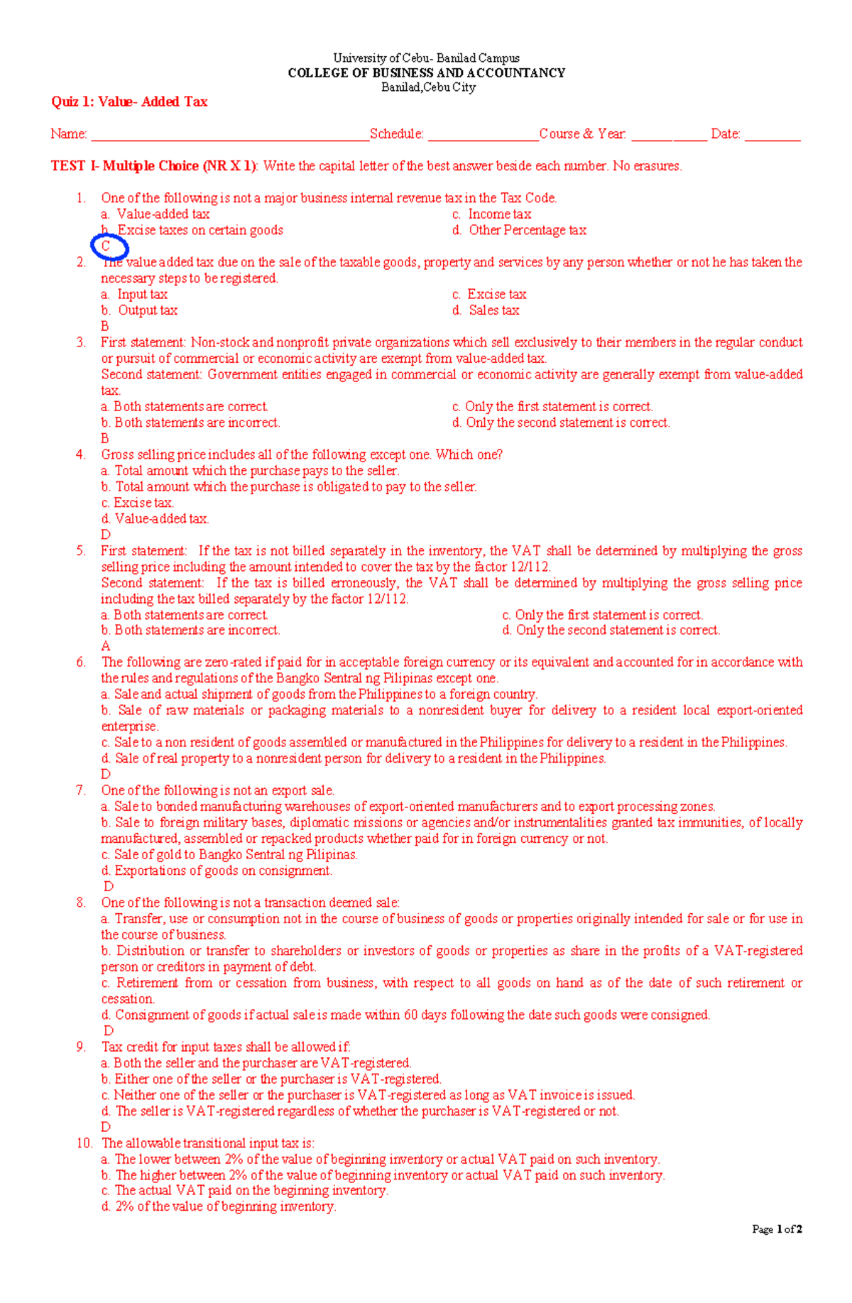 Quiz 01 VAT Key and Solution - University of Cebu- Banilad Campus ...
