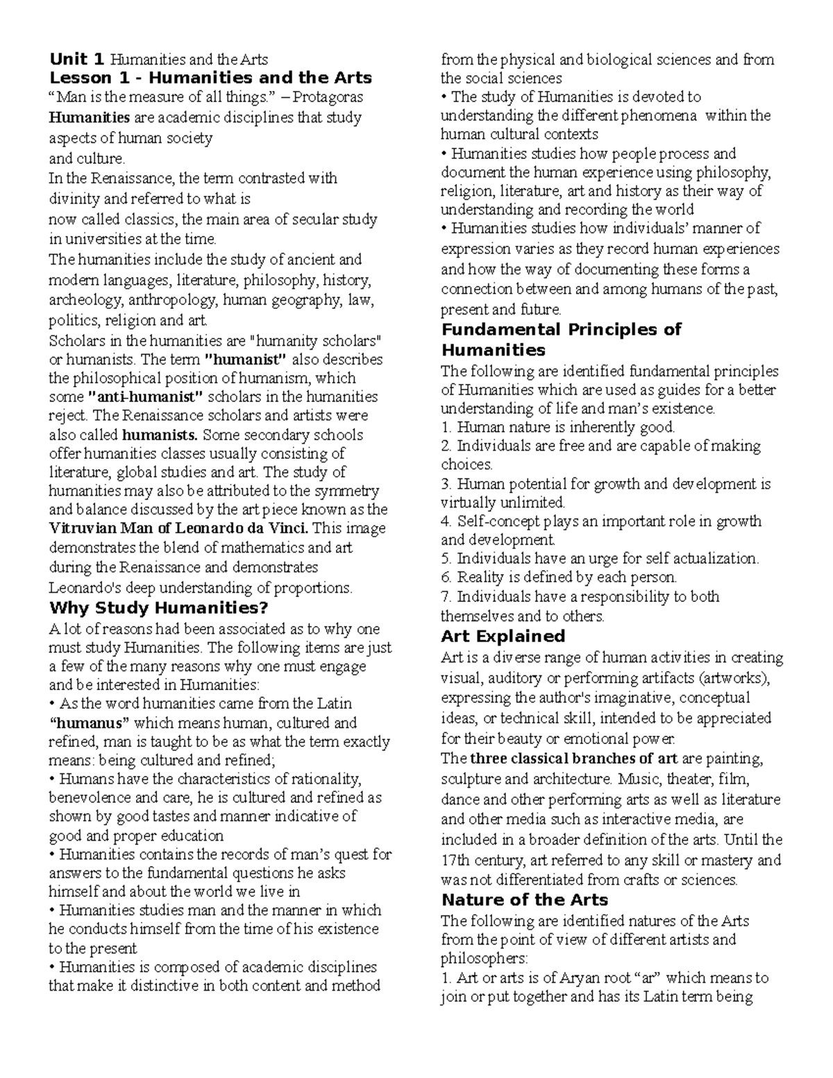Unit 1-Unit 4 Humanities and the Arts - Unit 1 Humanities and the Arts ...
