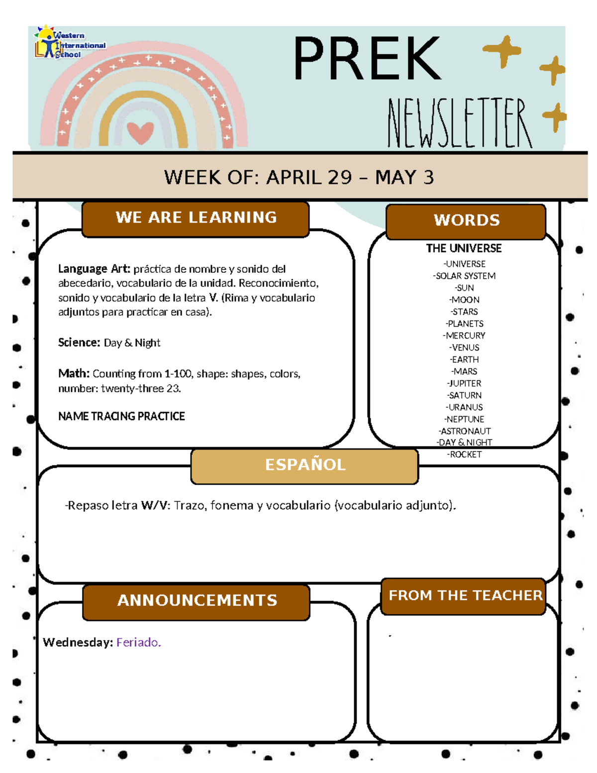 Pre K Newsletter Apr. 29 - May 6 - PREK Language Art: práctica de ...