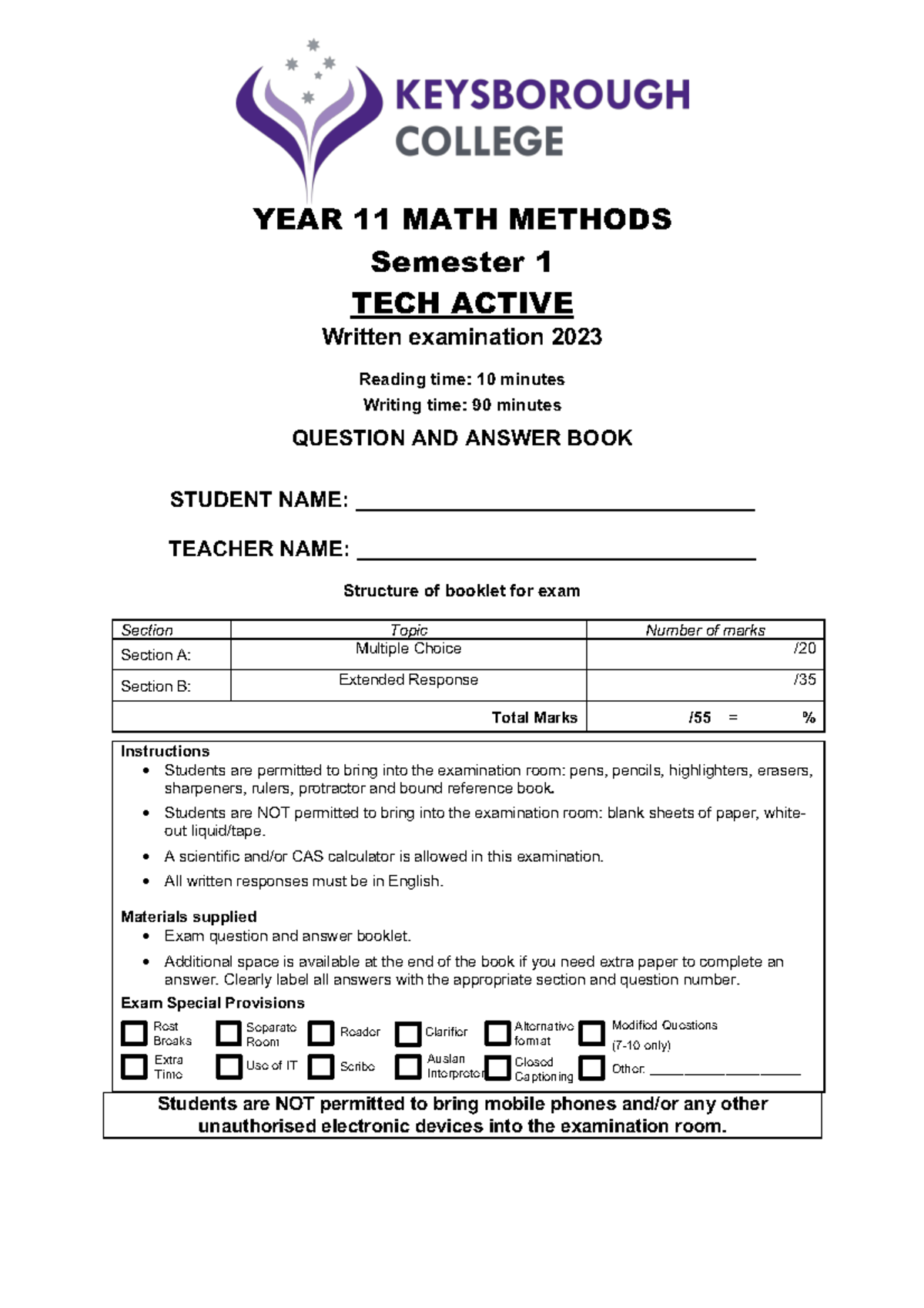 2023 Unit 1 Exam 2 - Revision Sheet - YEAR 11 MATH METHODS Semester 1 ...