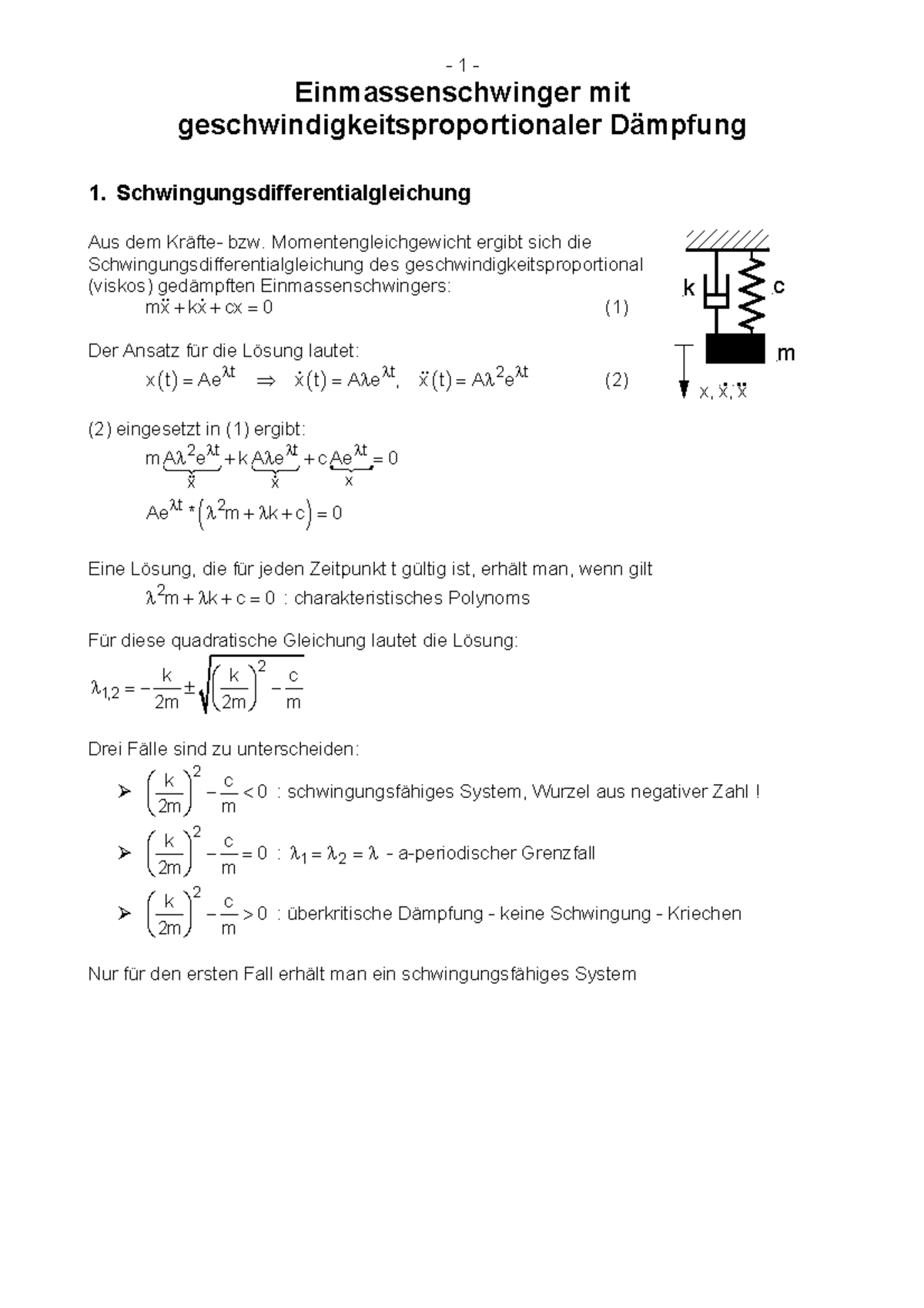 Gedä Einmass - Zusammenfassung Maschinendynamik - Einmassenschwinger mit - Studocu