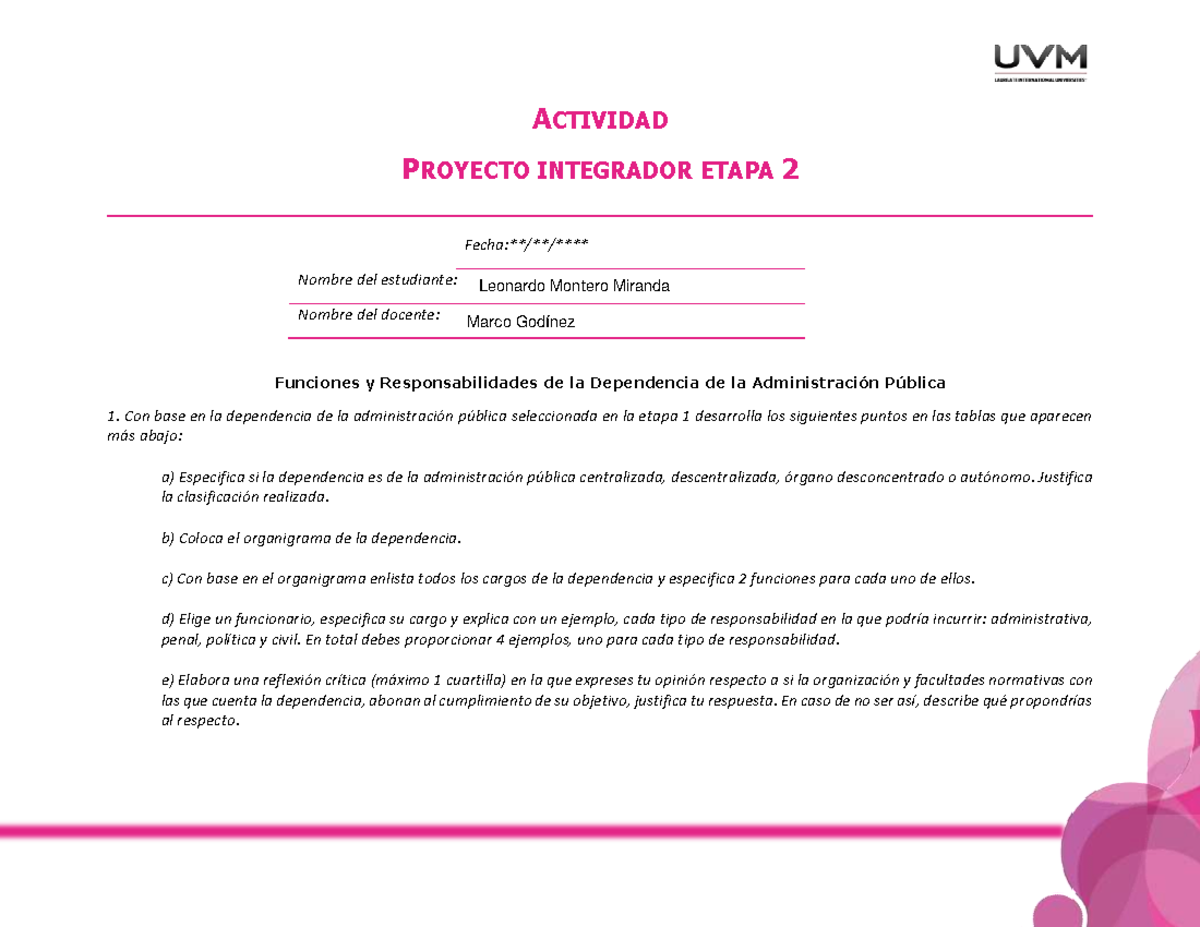 Proyecto Integrador 2 ADM. Publica - ACTIVIDAD PROYECTO INTEGRADOR ETAPA 2 Fecha://**** Nombre ...
